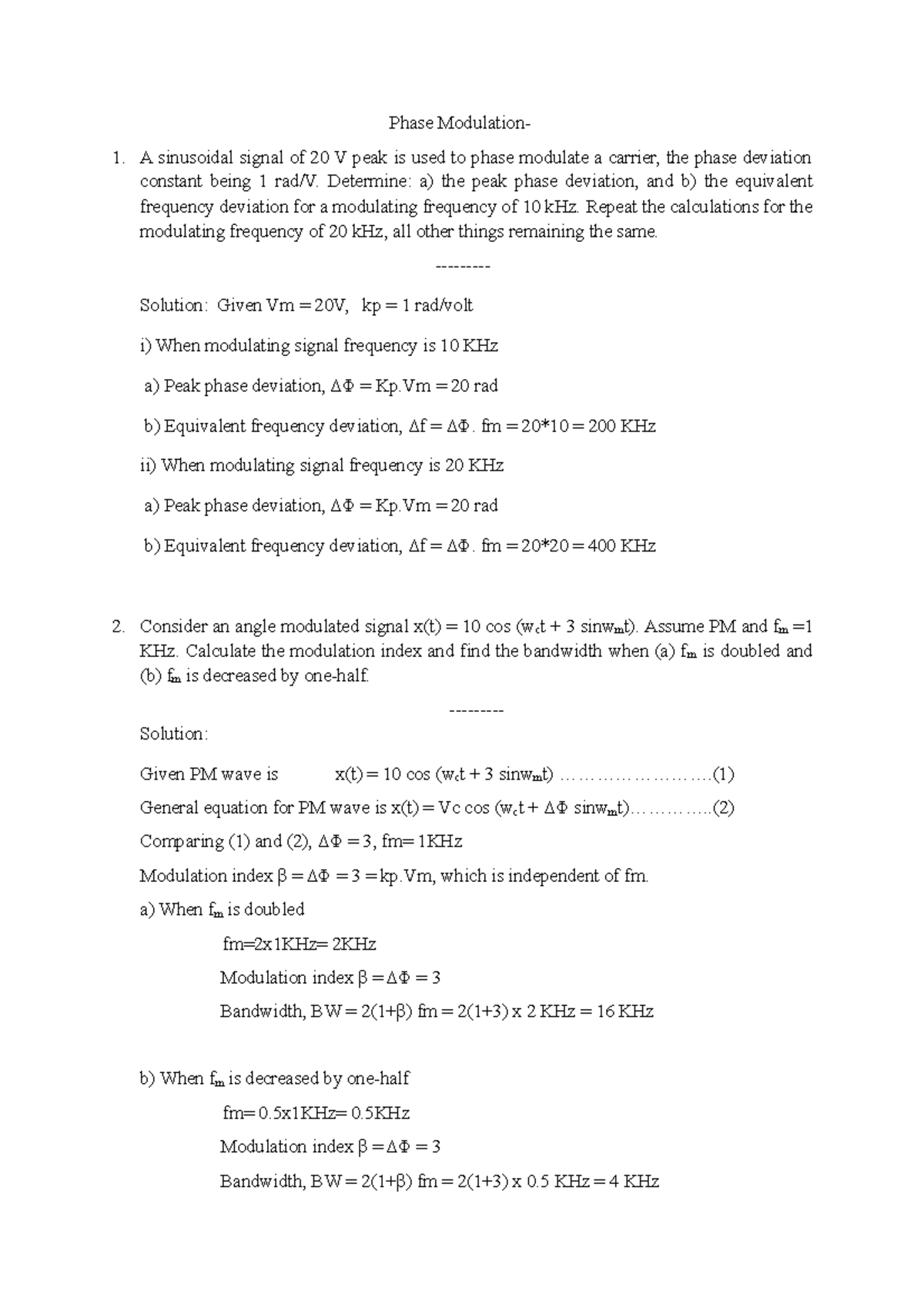 PM prblms - Problems on Phase Modulation - Phase Modulation- A sinusoidal signal of 20 V peak is ...