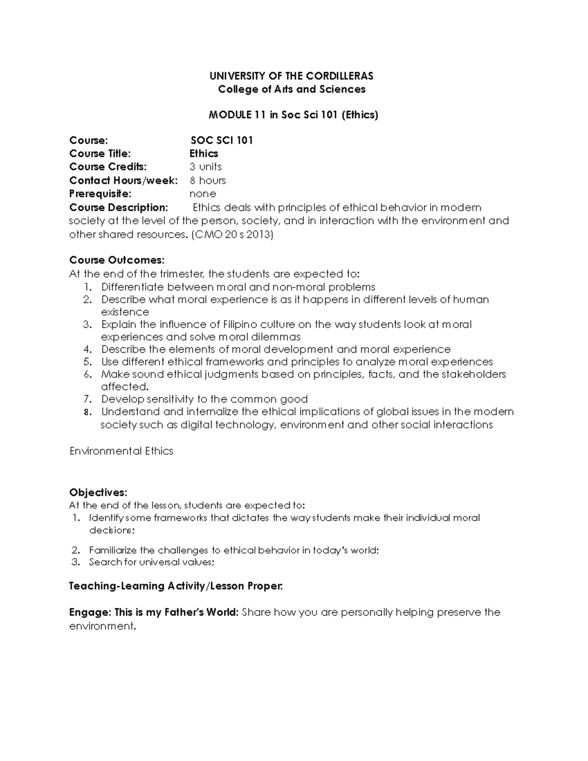 Environmental Ethics module - UNIVERSITY OF THE CORDILLERAS College of ...