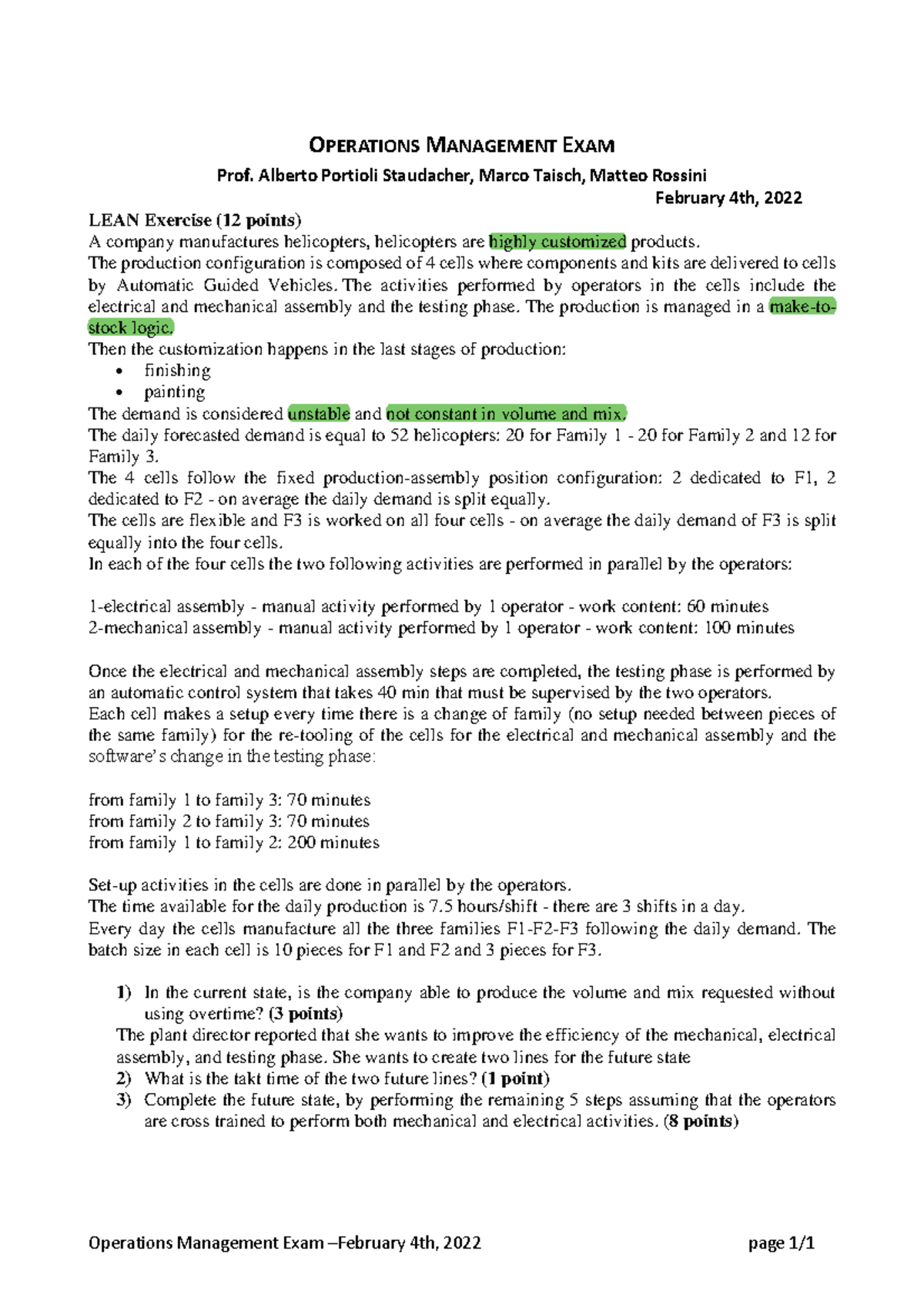 CALL 2 21:22 LEAN exercise - Operations Management Exam –February 4th ...