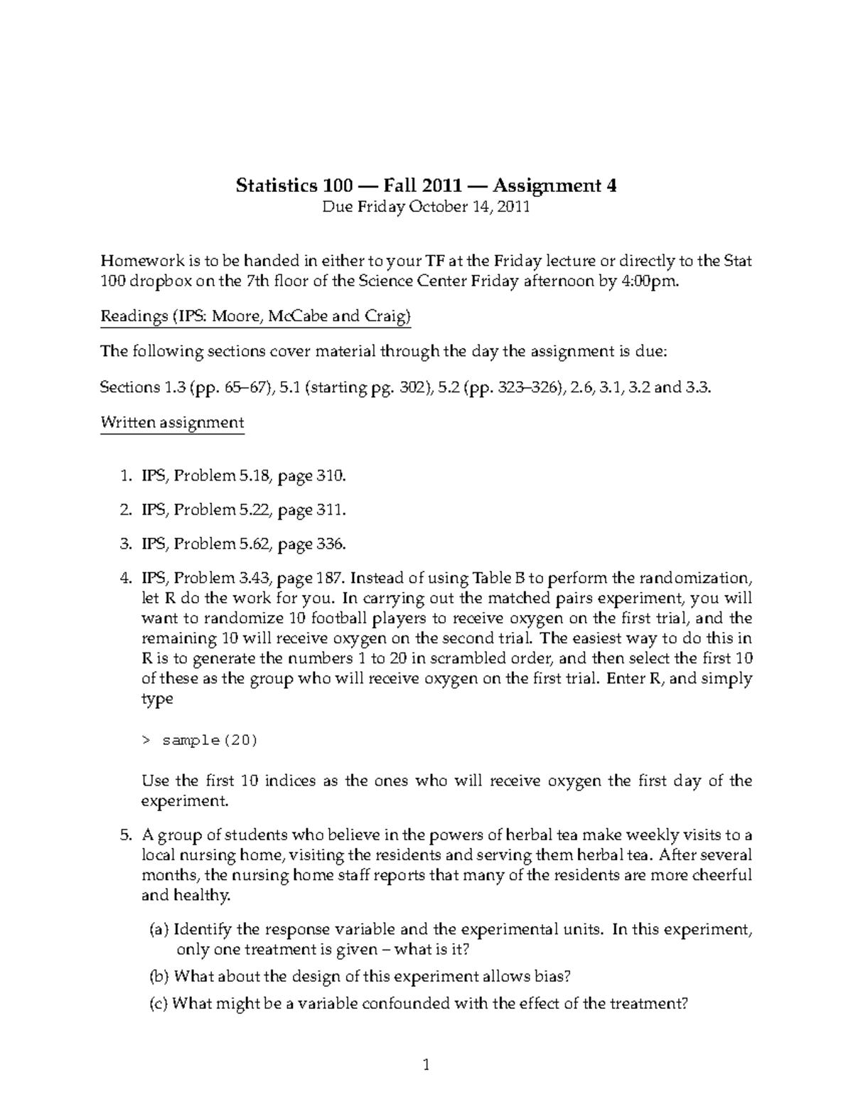Seminar Assignments - Question and Answers- 2011 - Statistics 100 Fall ...