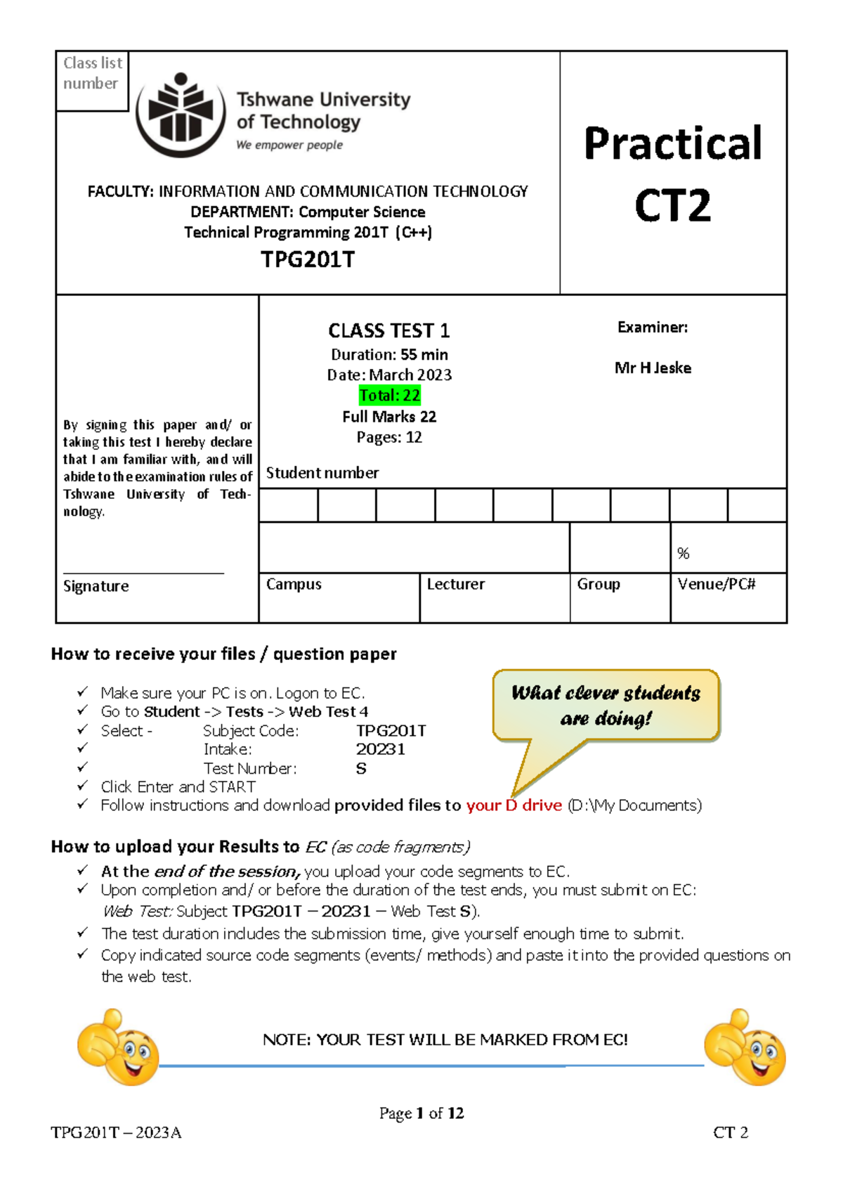 TPG201T CT2 2023A - class test 2 - Page 1 of 12 Class list number ...