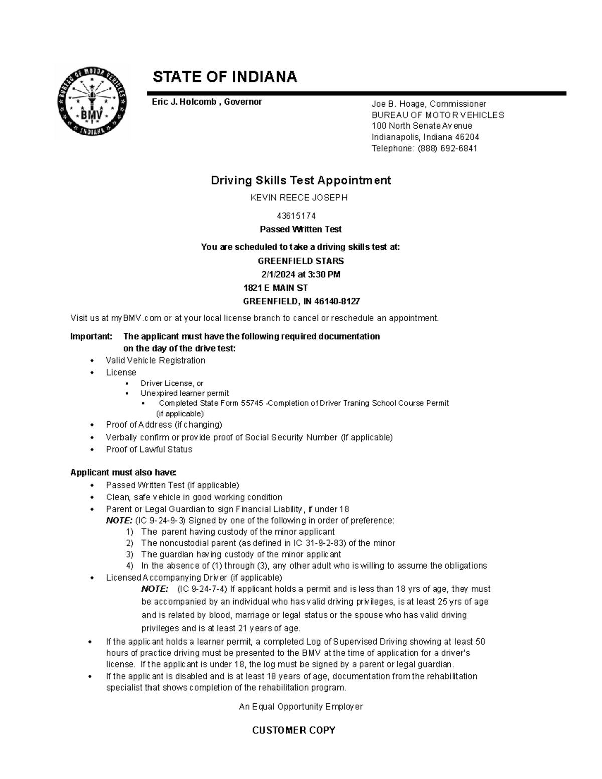 Transaction Receipt Skills Test - STATE OF INDIANA Eric J. Holcomb ...