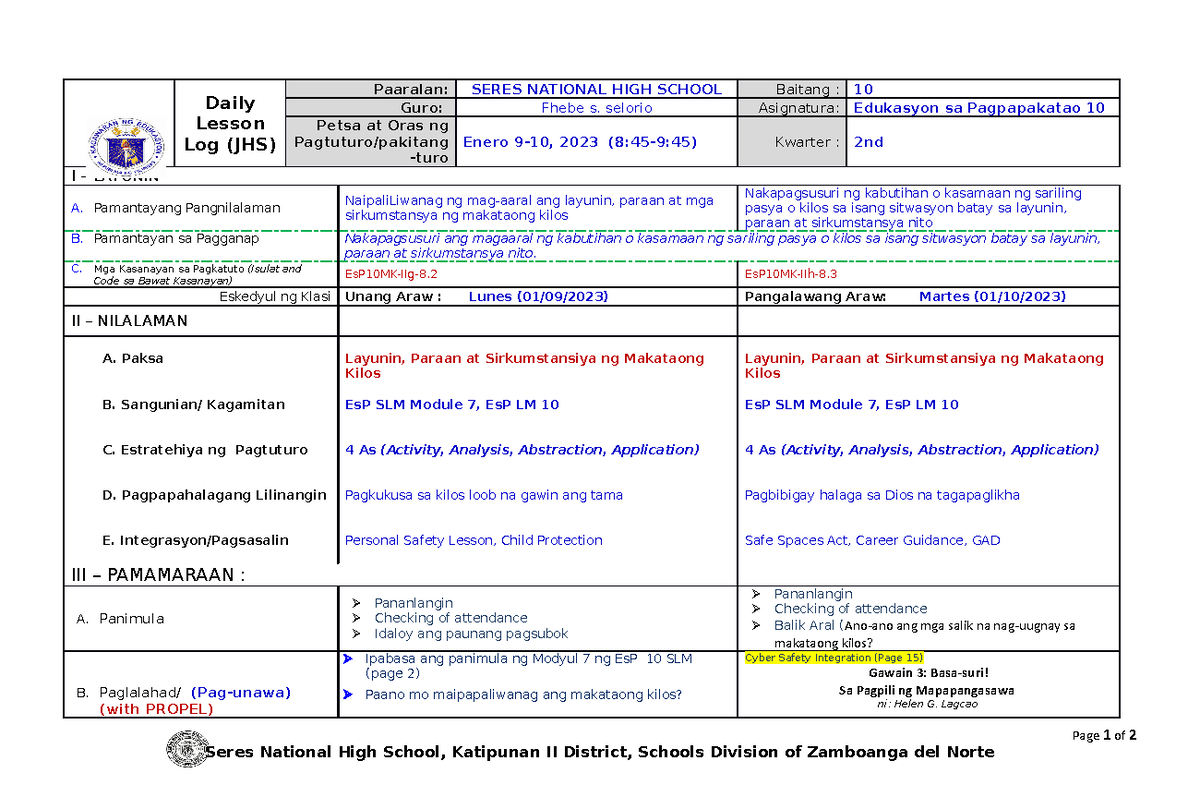 Es P DLL Jan 9-10 - Lesson exemplar - Daily Lesson Log (JHS) Paaralan ...