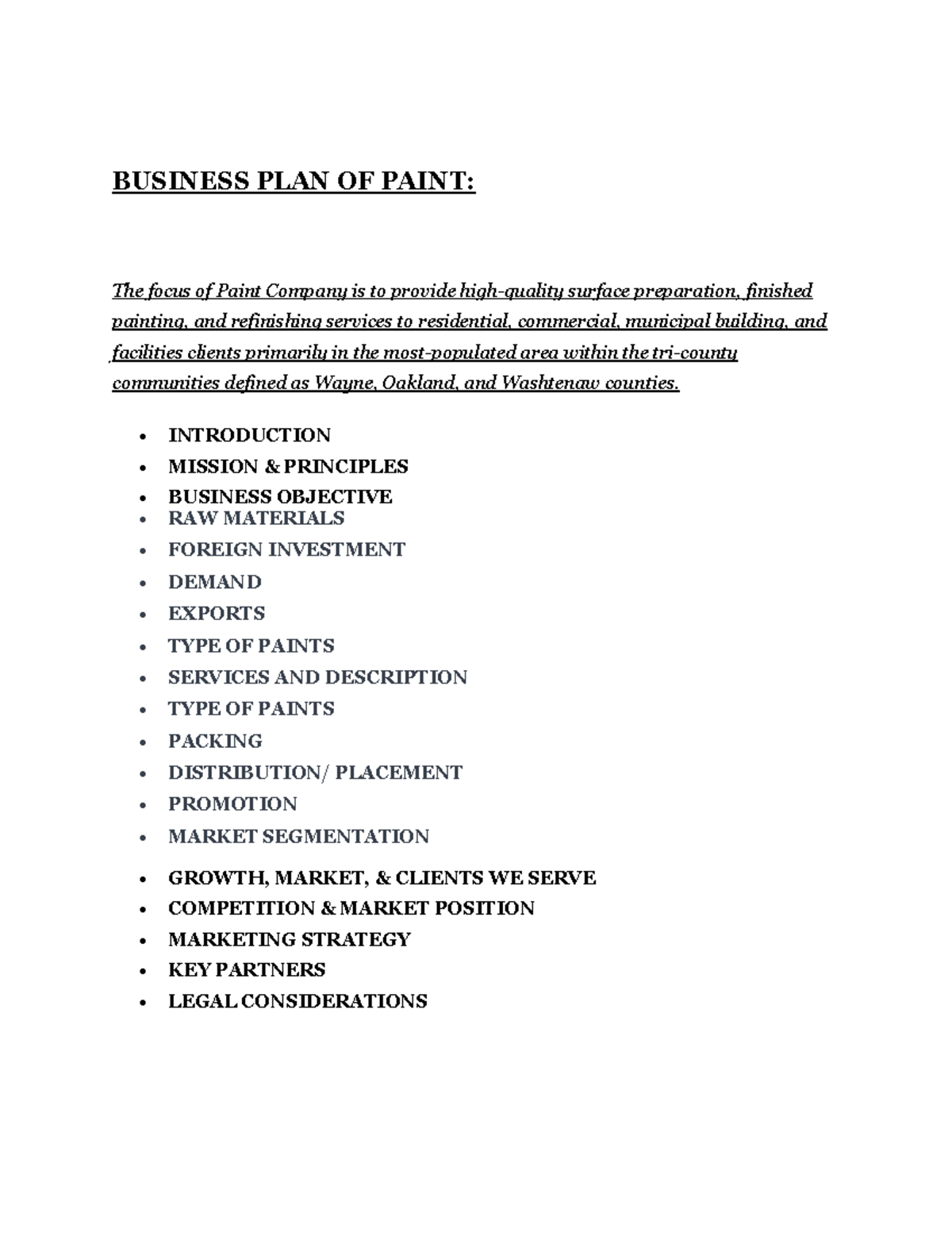 Pdfcoffee - BUSINESS PLAN OF PAINT: The focus of Paint Company is to ...