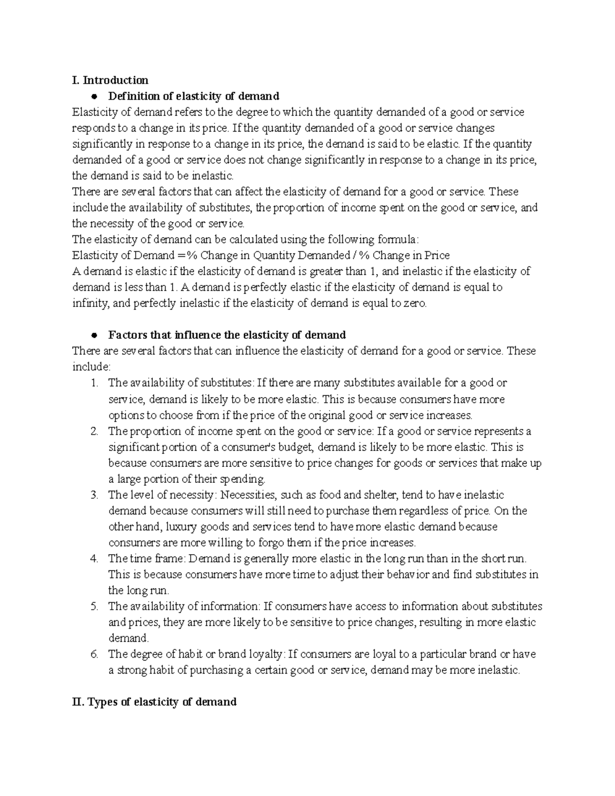Elasticity of Demand Notes - I. Introduction Definition of elasticity ...