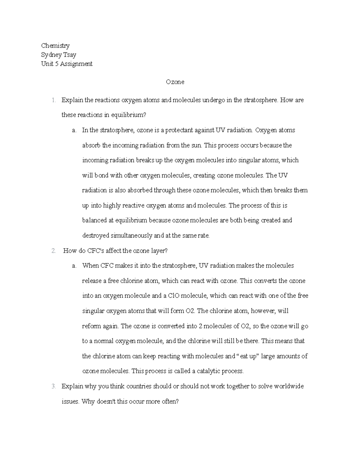 AP Chemistry Research Essay Unit 5 Ozone - Chemistry Sydney Tsay Unit 5 ...