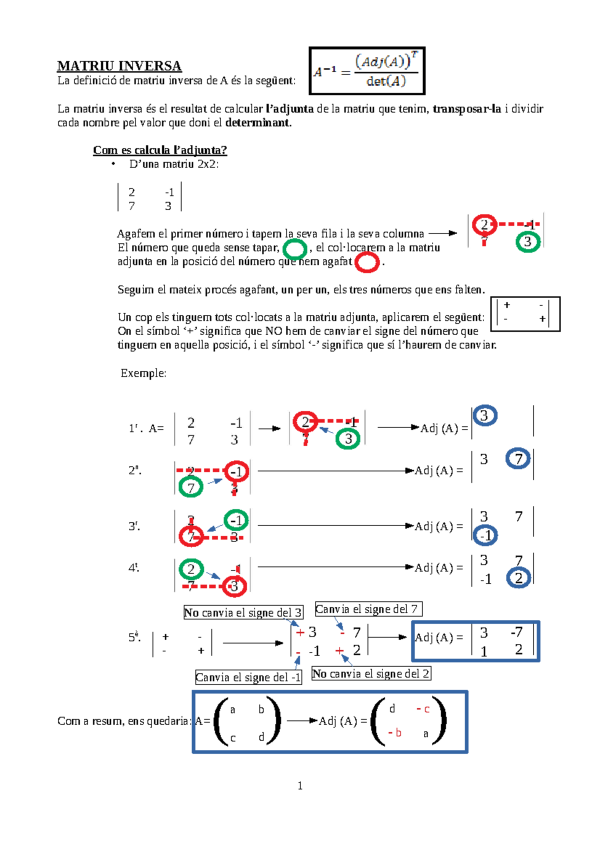 Teoria matrius - ####### MATRIU INVERSA La definició de matriu inversa de A és la següent: La ...