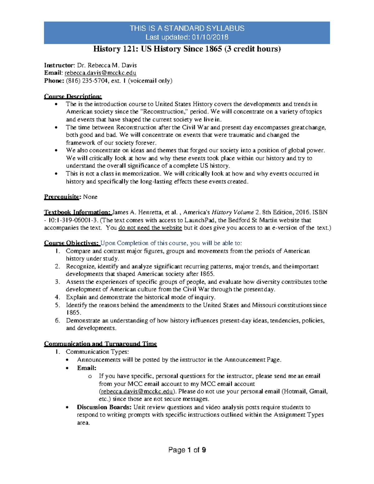 History 121 Online Syllabus - Last updated: 01/10/ History 121: US ...