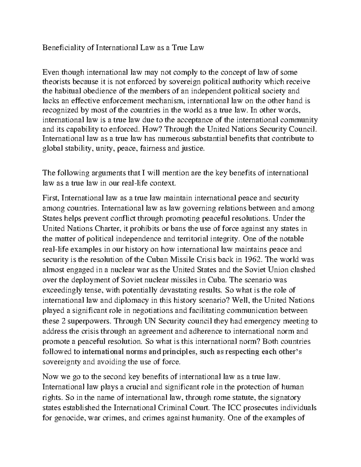 Beneficiality of International Law as a True Law - In other words ...