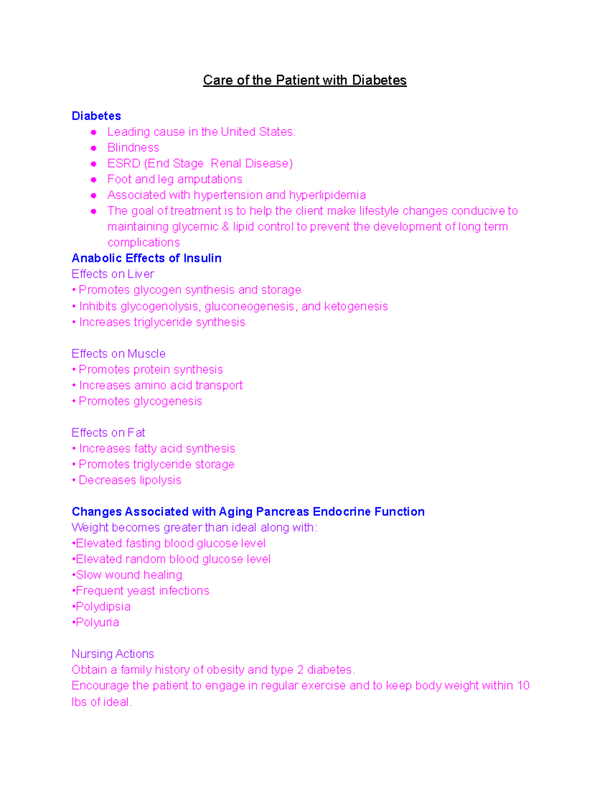 Week 7 Notes - Care of the Patient with Diabetes Diabetes Leading cause ...