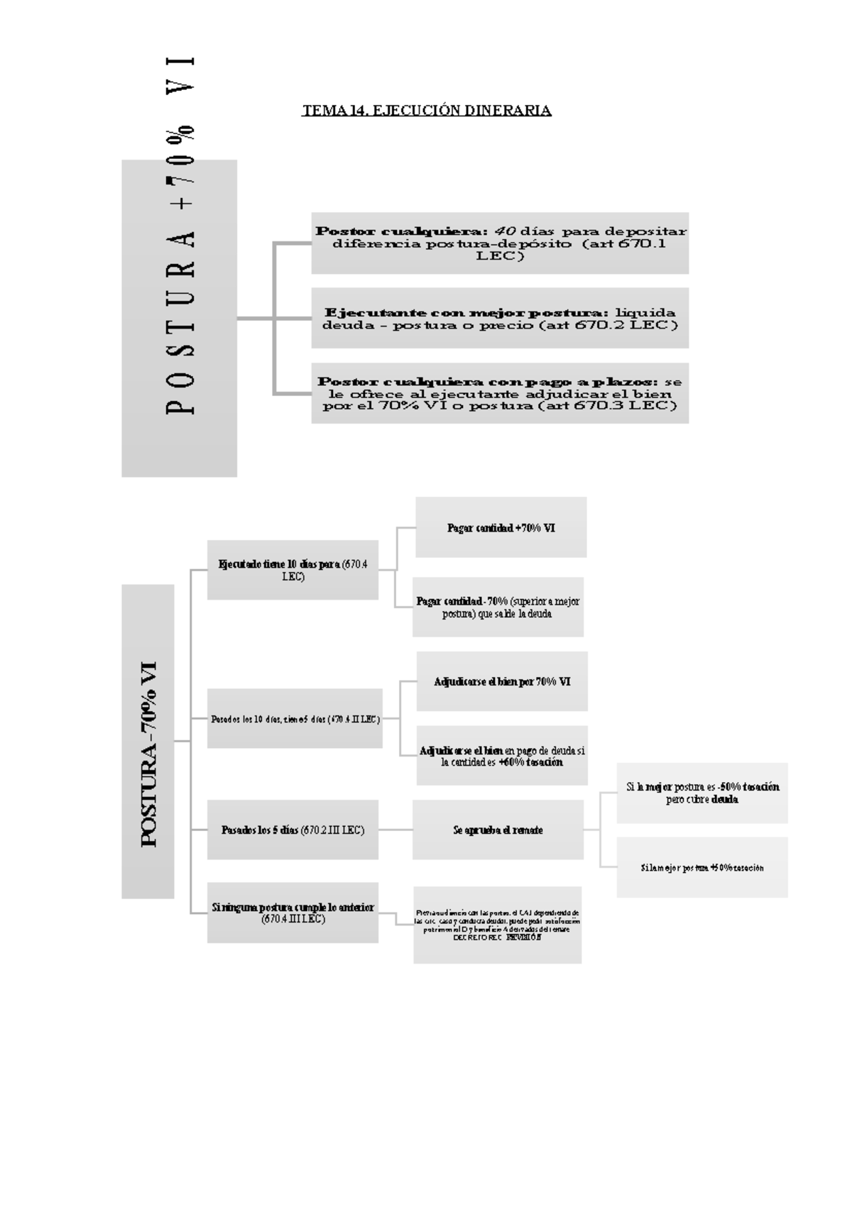 T14 - ESQUEMA - TEMA 14. EJECUCIÓN DINERARIA P O S T U R A + 7 0 % V I Postor cualquiera: 40 ...