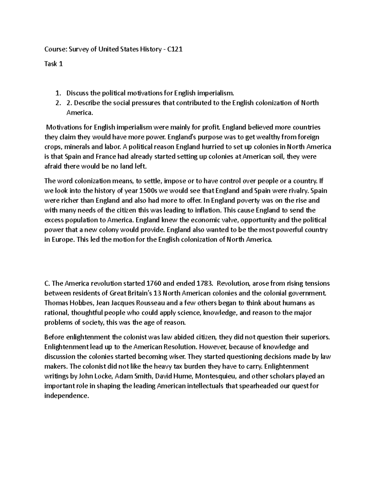 Task 1 - Pass - Course: Survey of United States History - C Task 1 1 ...