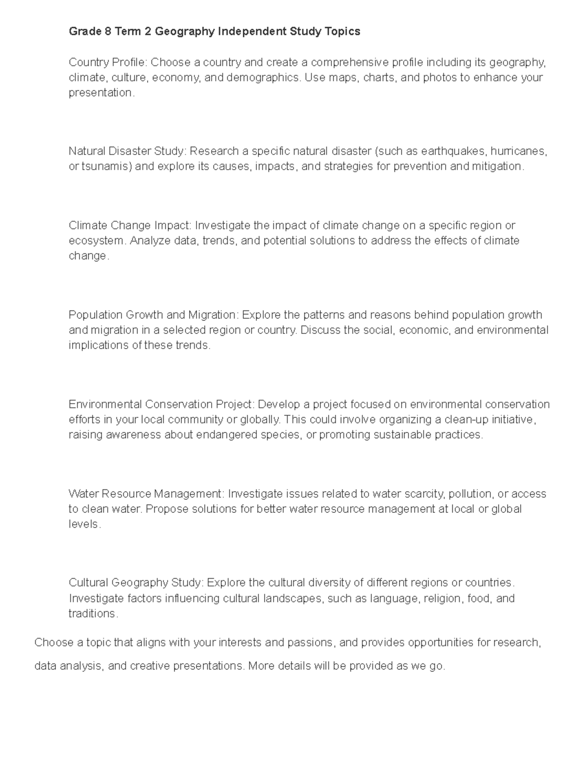 Grade 8 Term 2 Geography Independent Study - Grade 8 Term 2 Geography ...