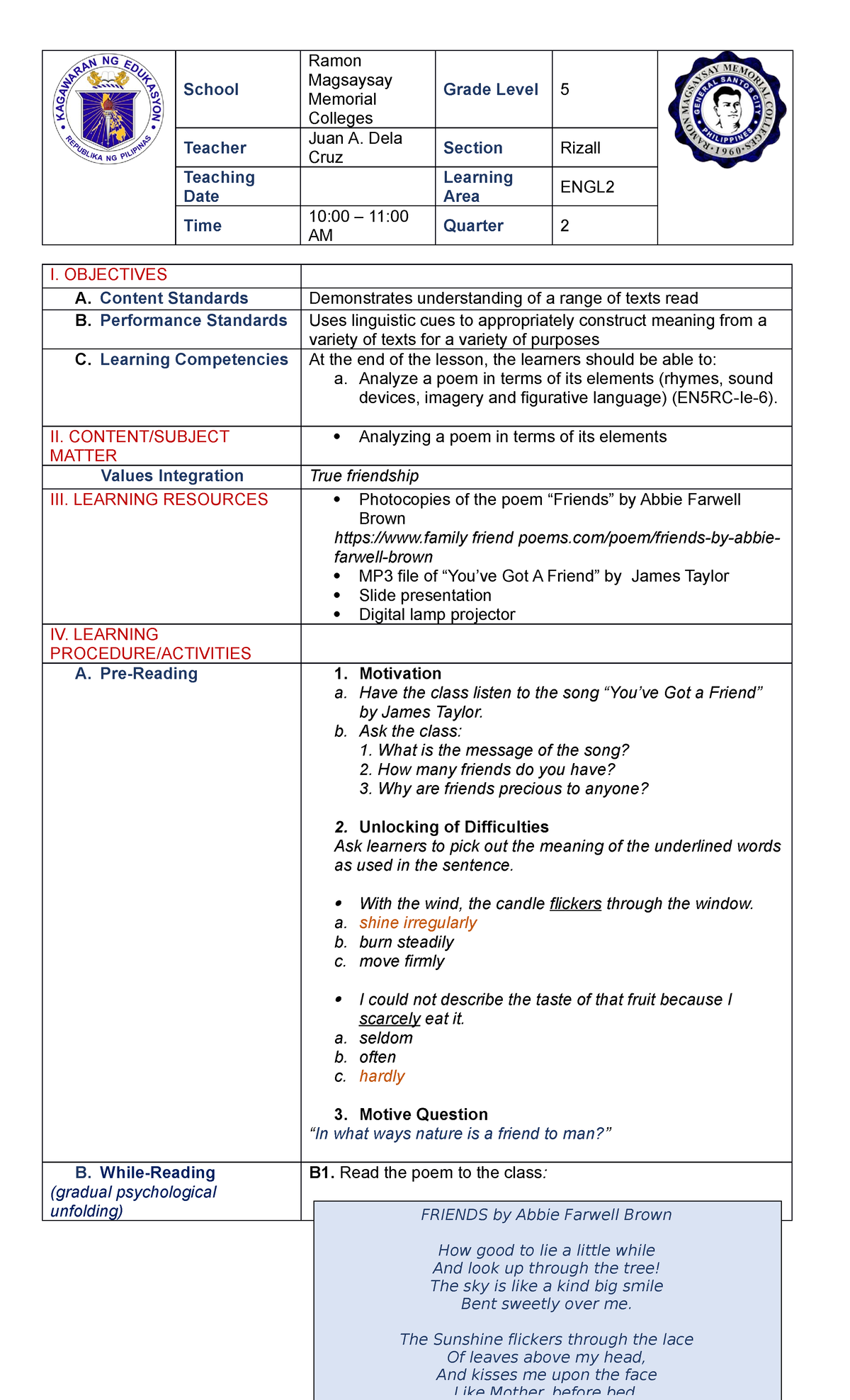 Eengl 2 Lesson Plan Template (Poem) - School Ramon Magsaysay Memorial ...
