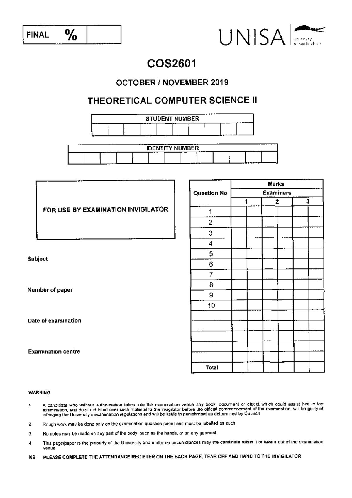 COS2601 2019 10 E 1 - Past exam - COS2601 - Studocu