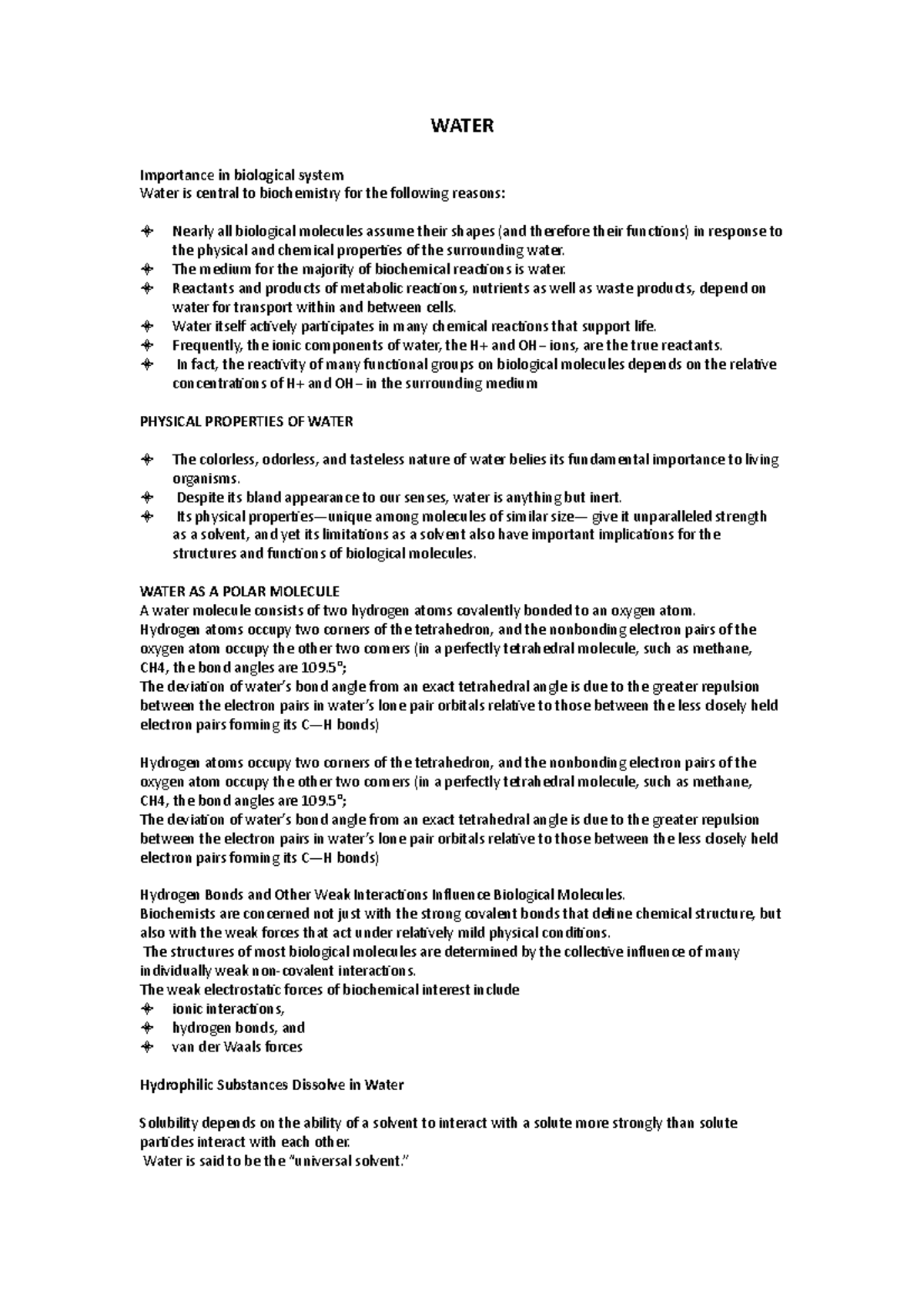 Biochemistry OF Water - WATER Importance in biological system Water is ...