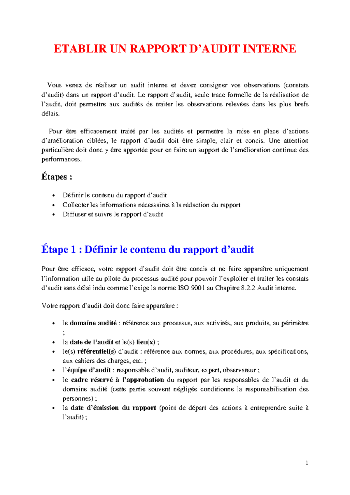20 Etablir un rapport d'audit - ETABLIR UN RAPPORT D’AUDIT INTERNE Vous venez de réaliser un ...