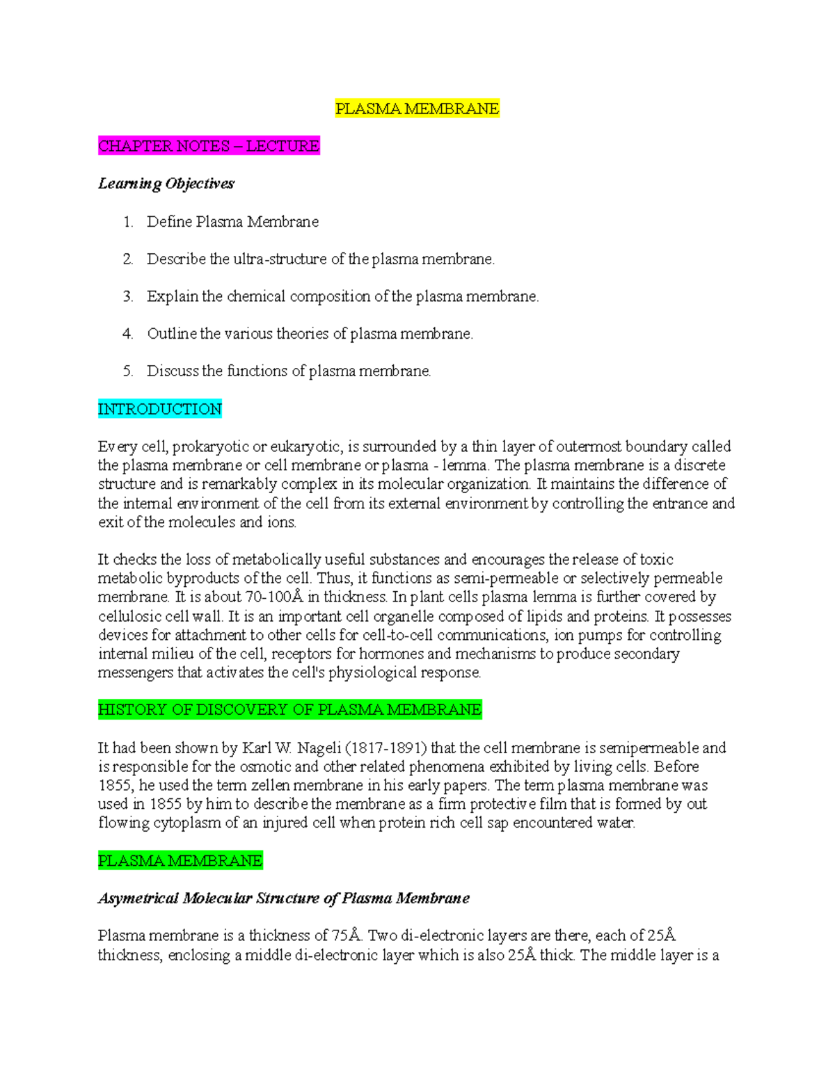 Plasma Membrane update - PLASMA MEMBRANE CHAPTER NOTES – LECTURE ...