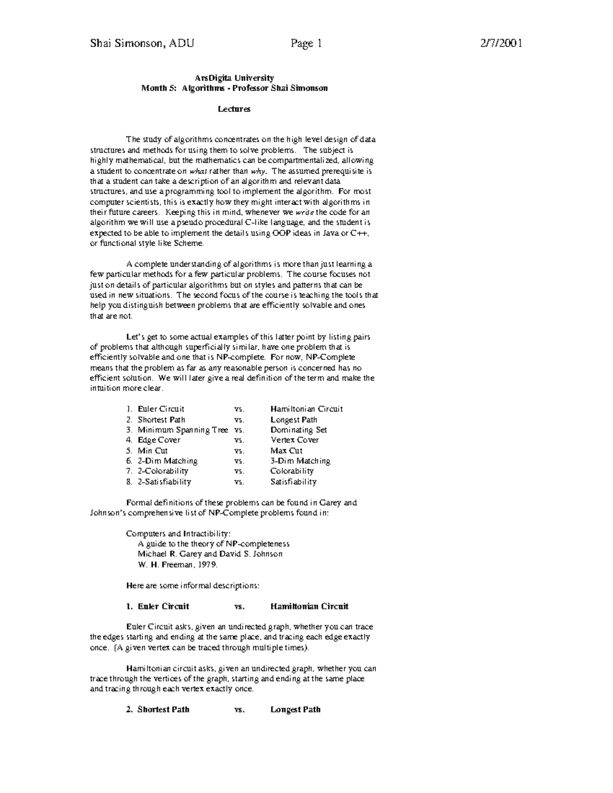 Lecture notes 1 - ArsDigita University Month 5: Algorithms - Professor ...