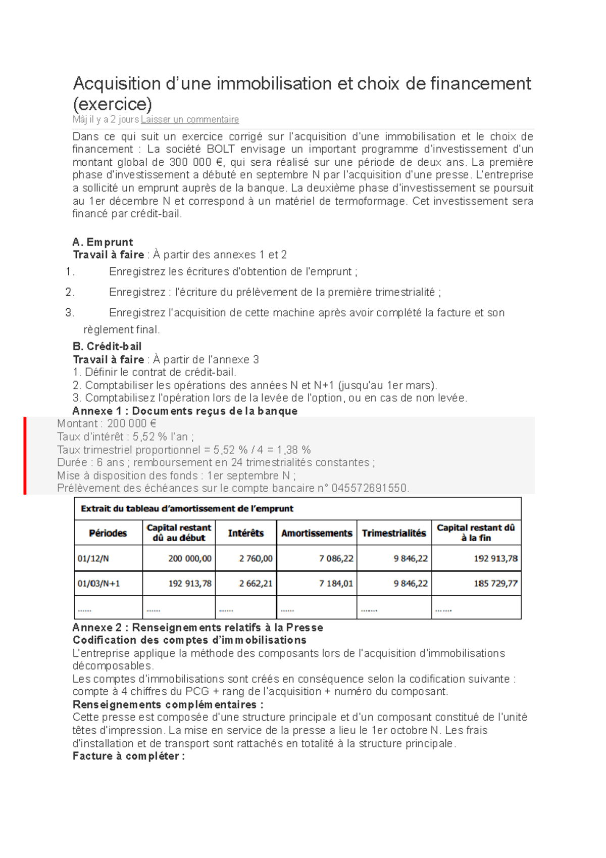 Acquisition d'Immobilisations crédit-bail - Acquisition d’une ...