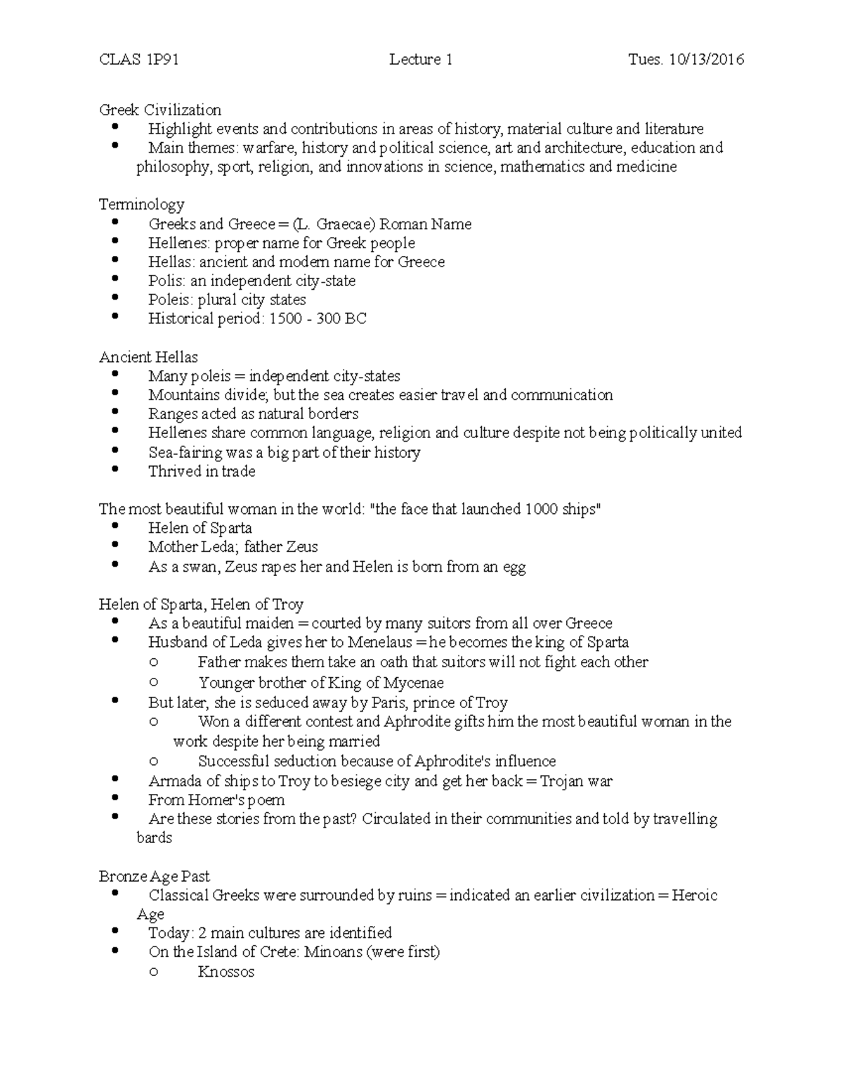 CLAS 1P91 - Lecture 1 - Greek Civilization Highlight events and ...