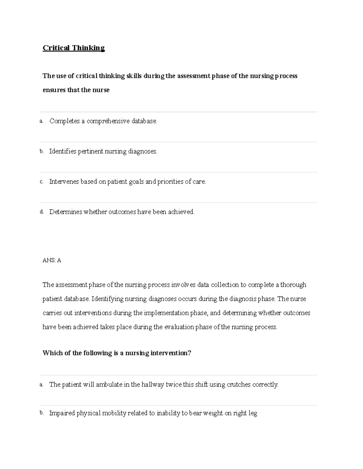 HA1 Test 1 study questions - Critical Thinking The use of critical ...