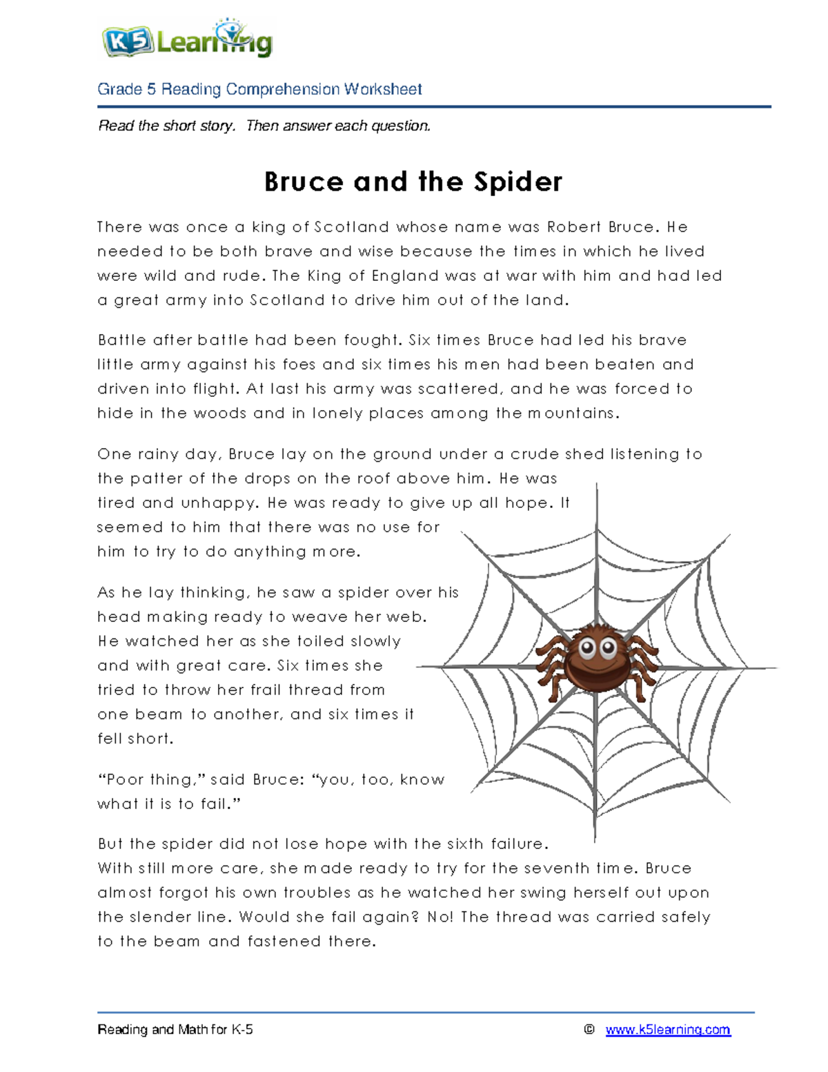 5th grade 5 reading bruce and the spider - Read the short story. Then ...