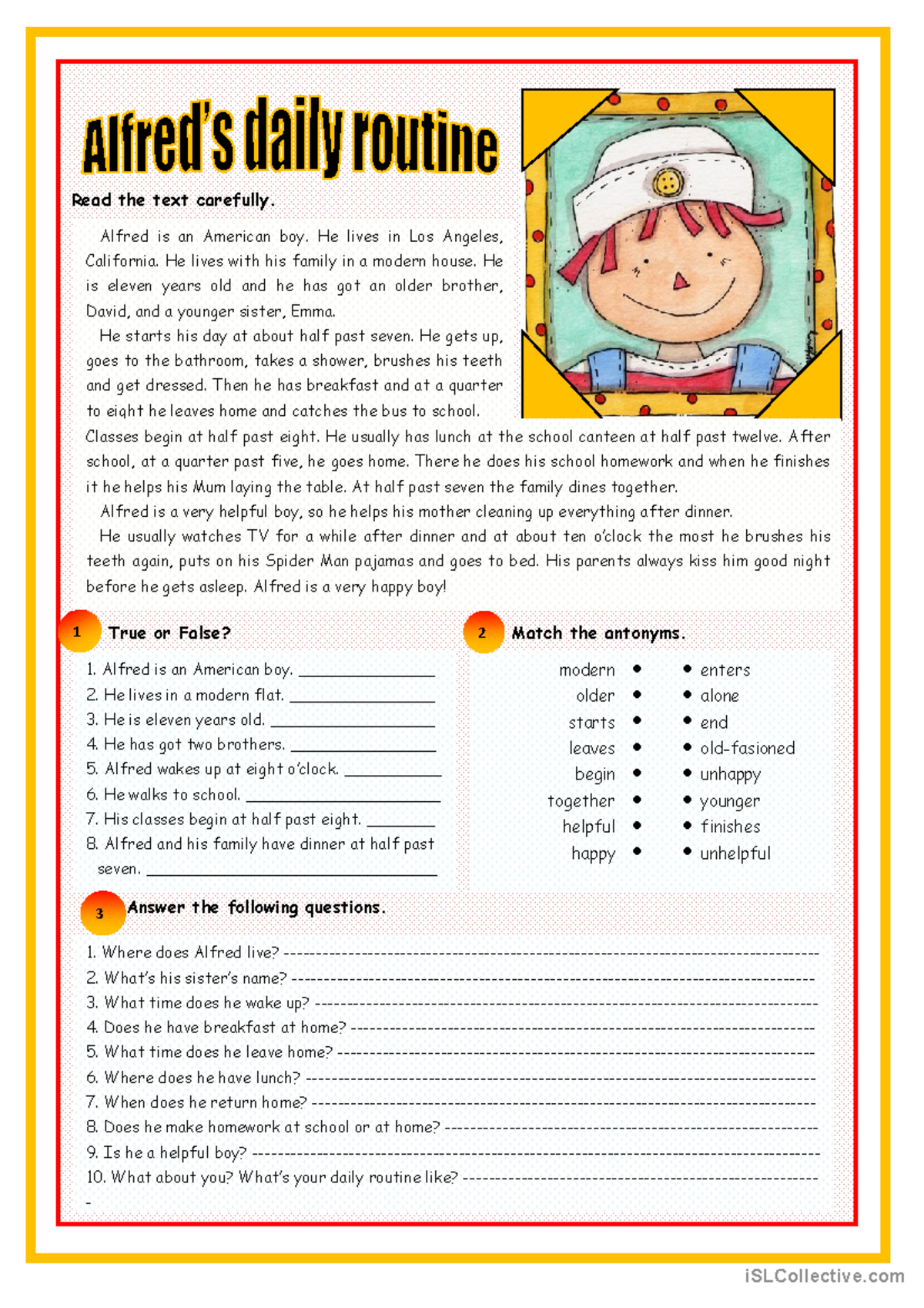 Alfred's daily routine - Read the text carefully. True or False? Match ...