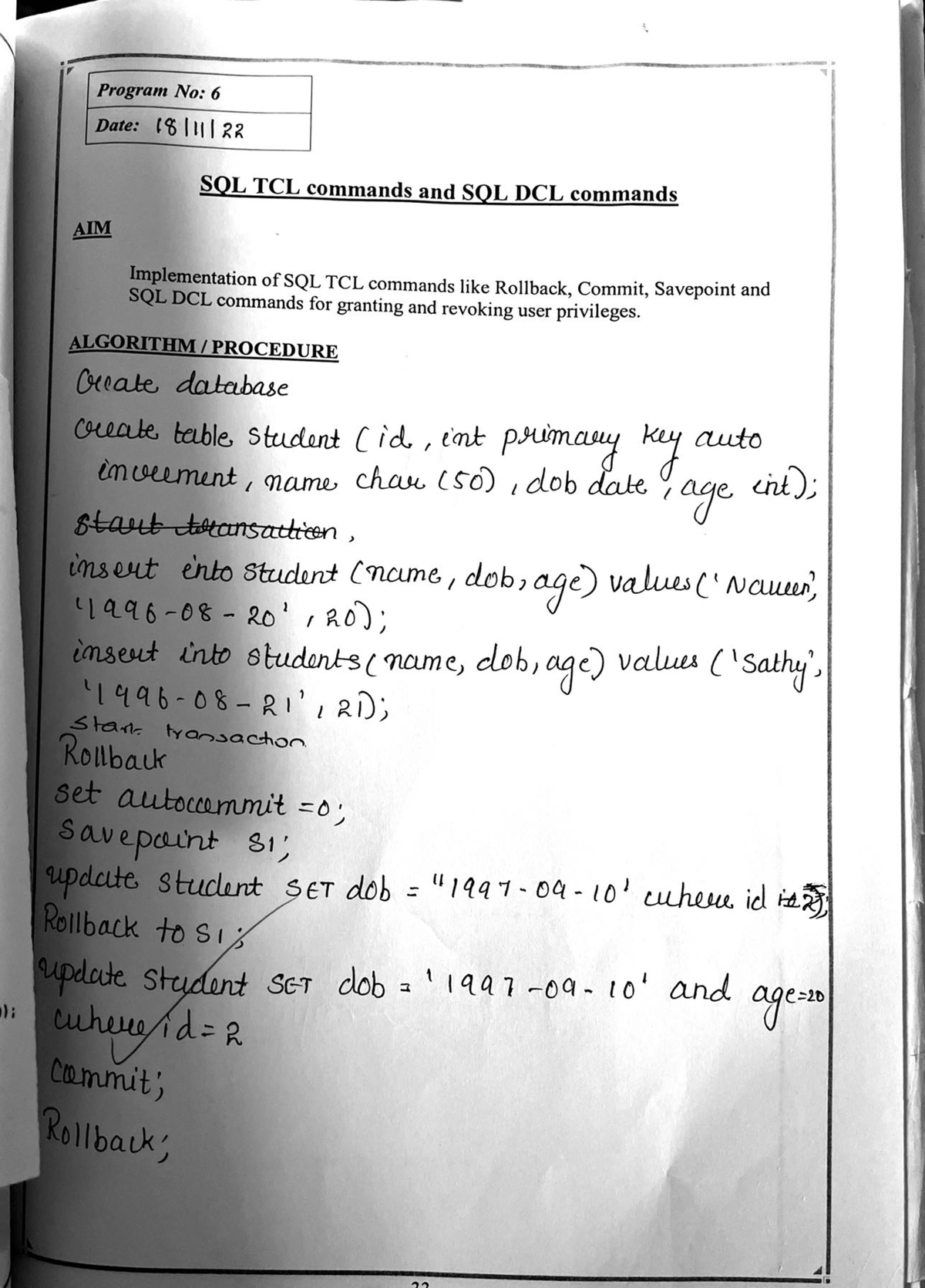 DBMS Lab - Dbms notes - Program No: 6 Date: SQL TCL commands and SQL ...