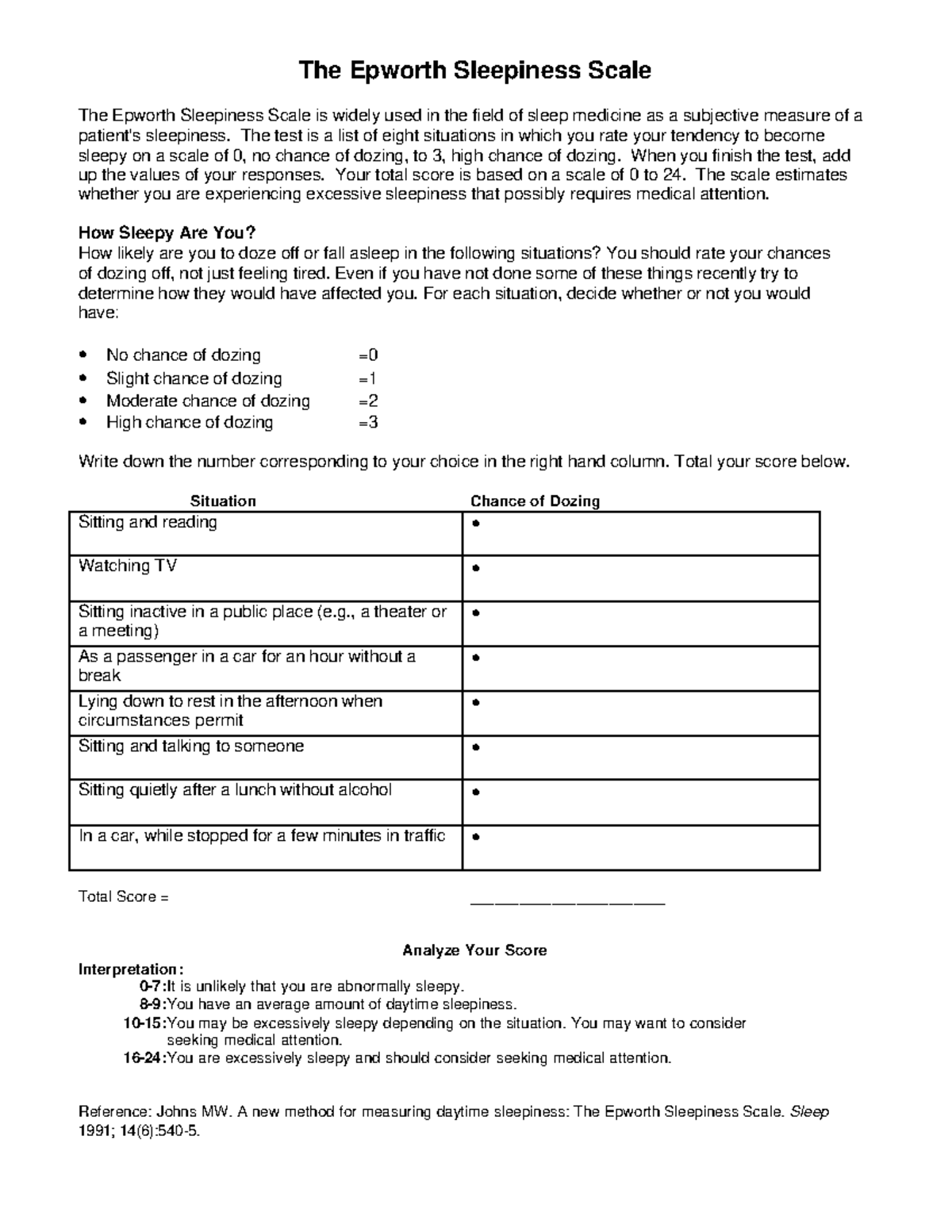Neuro-epworthsleepscale - The Epworth Sleepiness Scale The Epworth ...