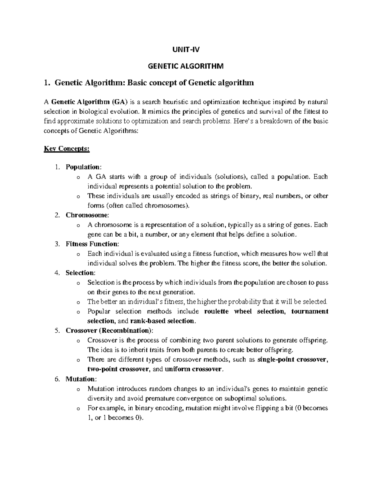 UNIT-IV Genetic Algorithm - UNIT-IV GENETIC ALGORITHM 1. Genetic Algorithm: Basic concept of ...