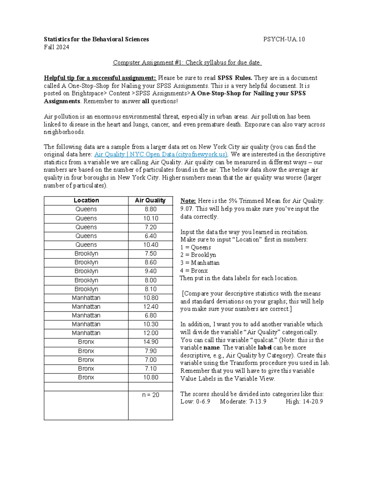 SPSS Assignment 1 - Statistics for the Behavioral Sciences PSYCH-UA ...