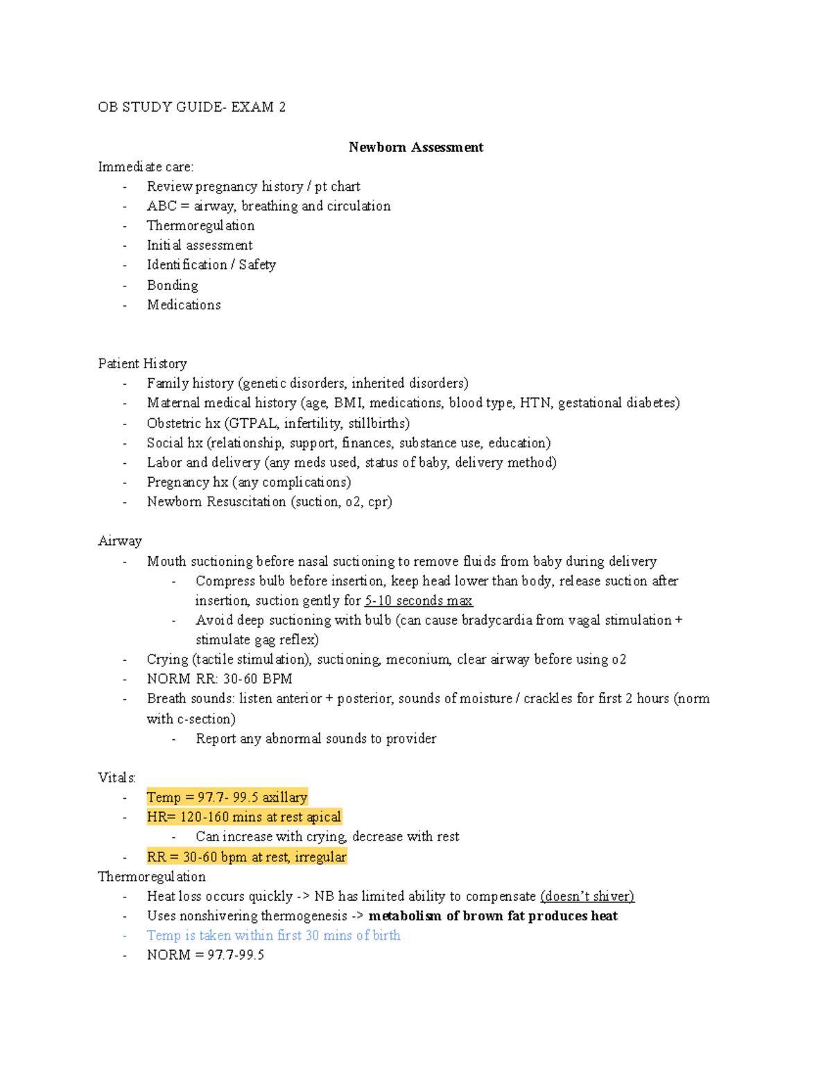 OB Study Guide- EXAM 2 - ob test 2 - OB STUDY GUIDE- EXAM 2 Newborn ...