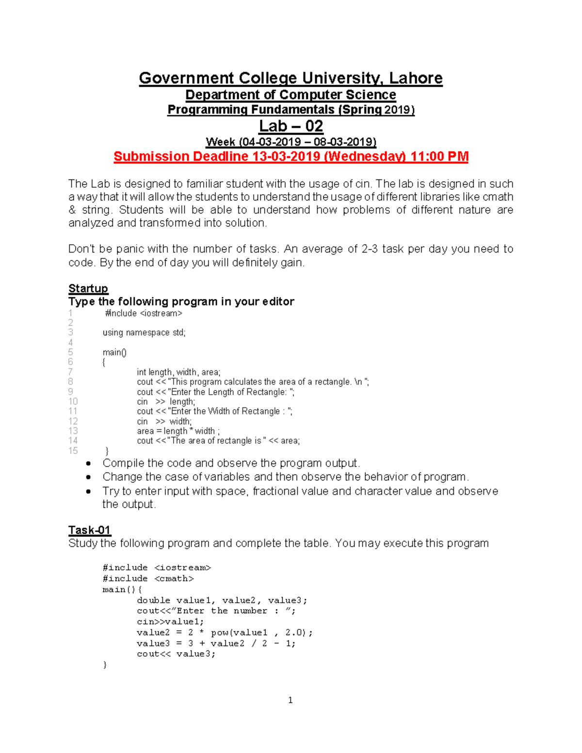 Lab-02 - Government College University, Lahore Department of Computer ...