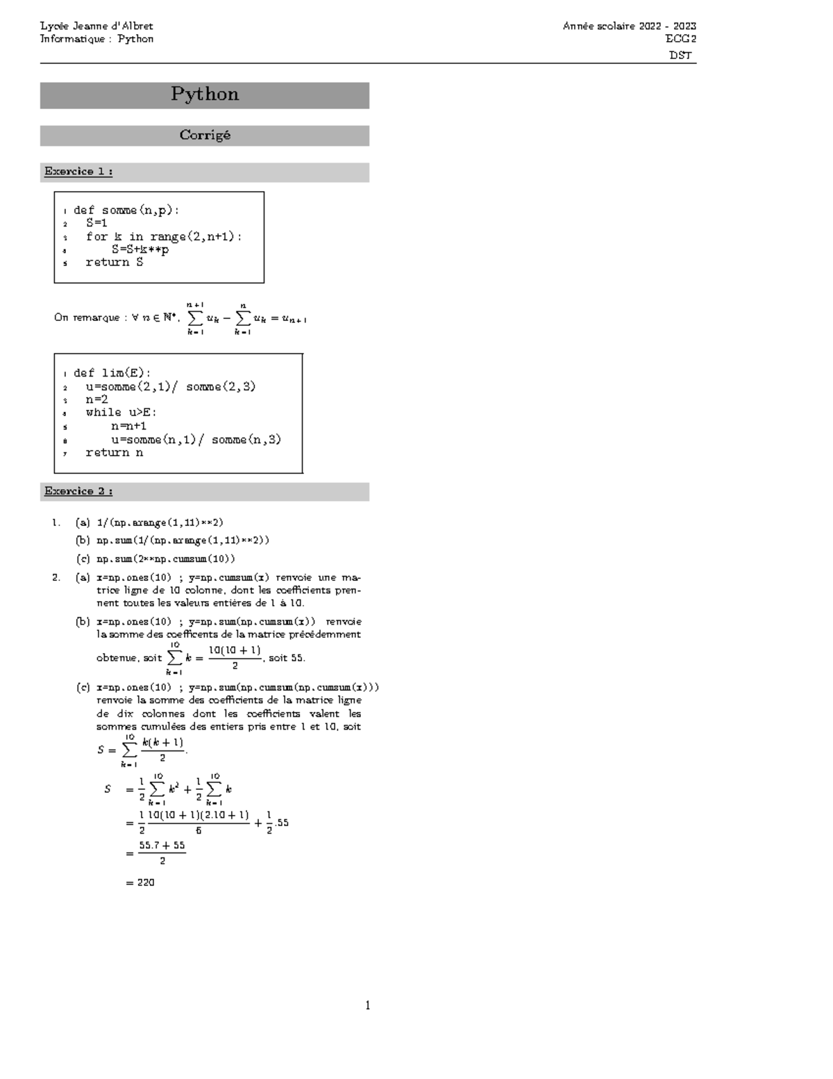 ECG2 Python DST 2022 10 22 corrigé - Lycée Jeanne d’Albret Informatique : Python Année scolaire ...