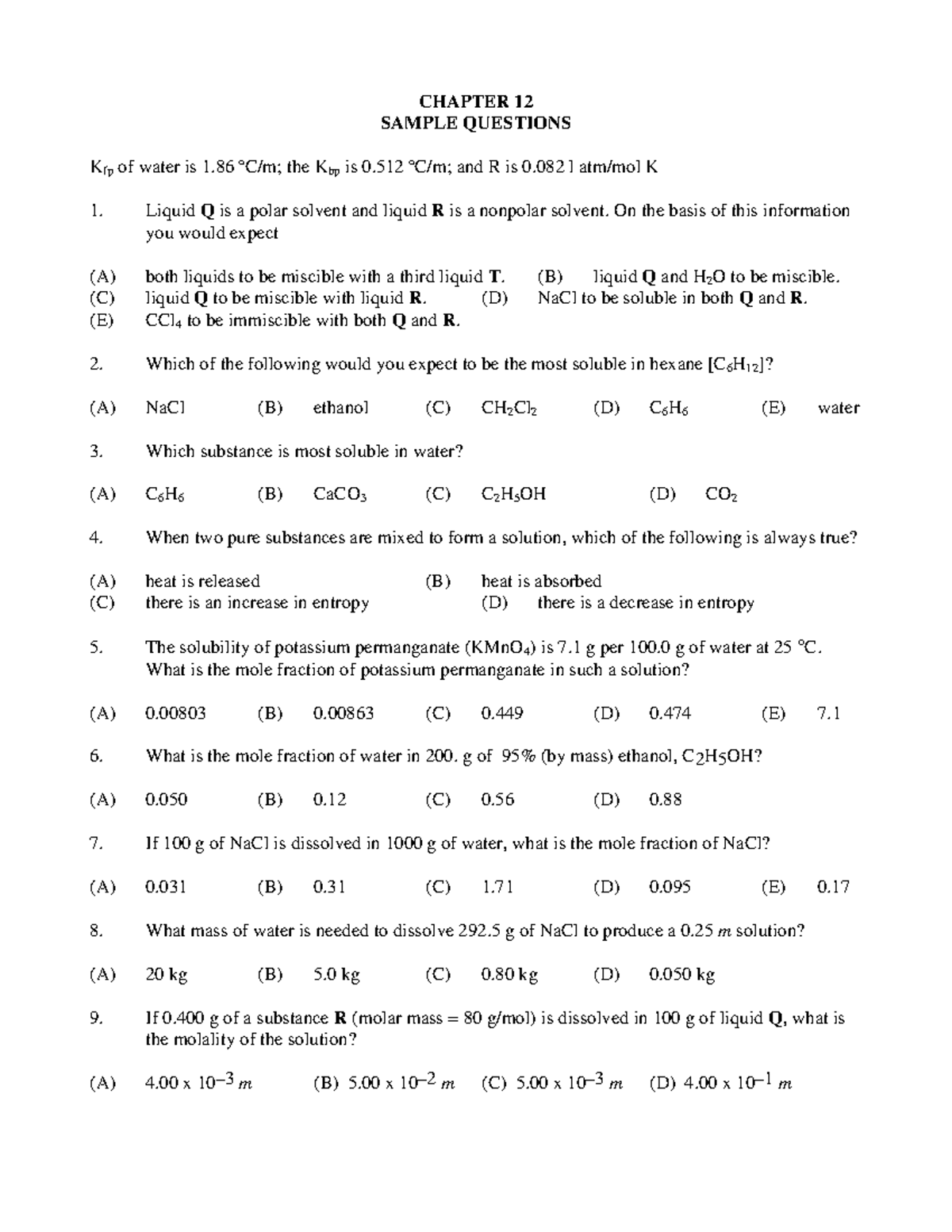 Ft-chapter-12 - Notes - CHAPTER 12 SAMPLE QUESTIONS Kfp of water is 1 ...
