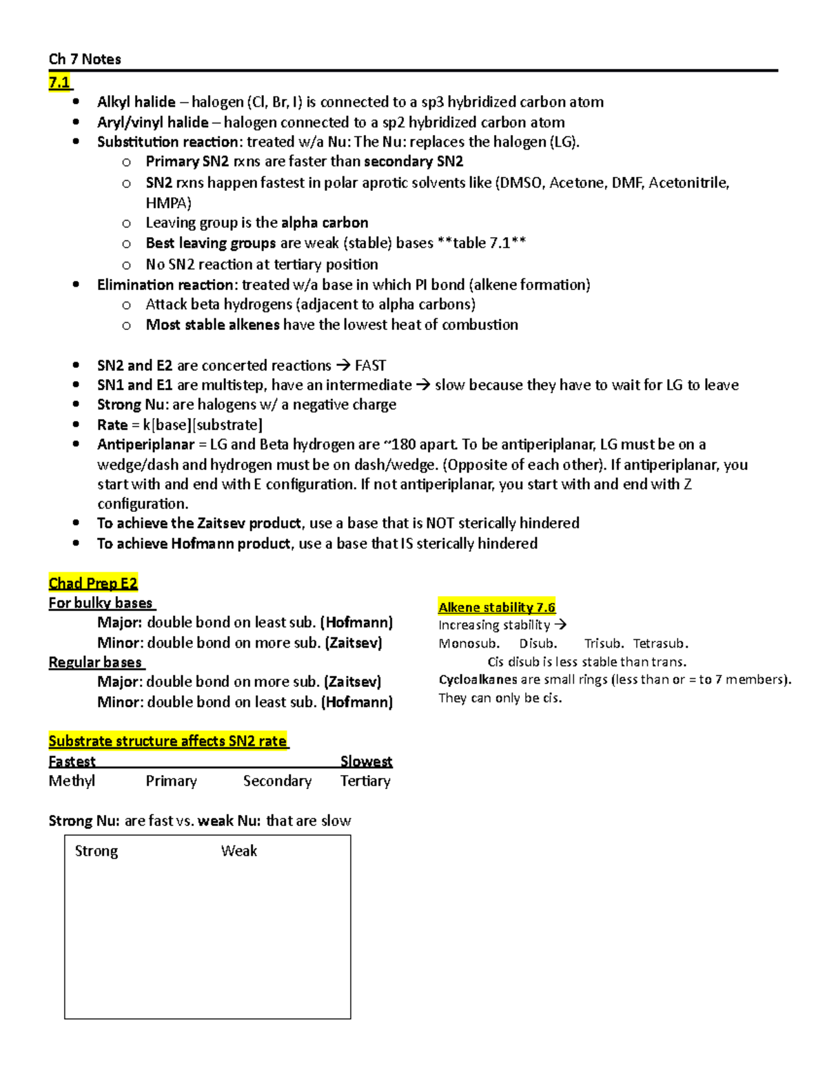 Ch 7 Notes - Dr. Werner - Ch 7 Notes Alkyl halide – halogen (Cl, Br, I ...