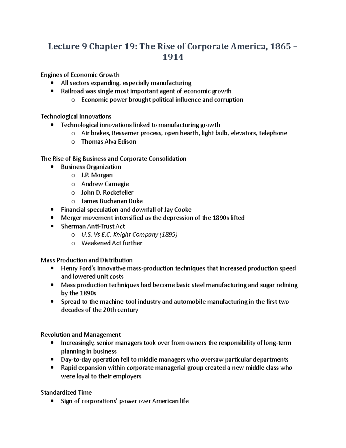 HIST 180 Lecture 9 - Lecture 9 Chapter 19: The Rise of Corporate ...