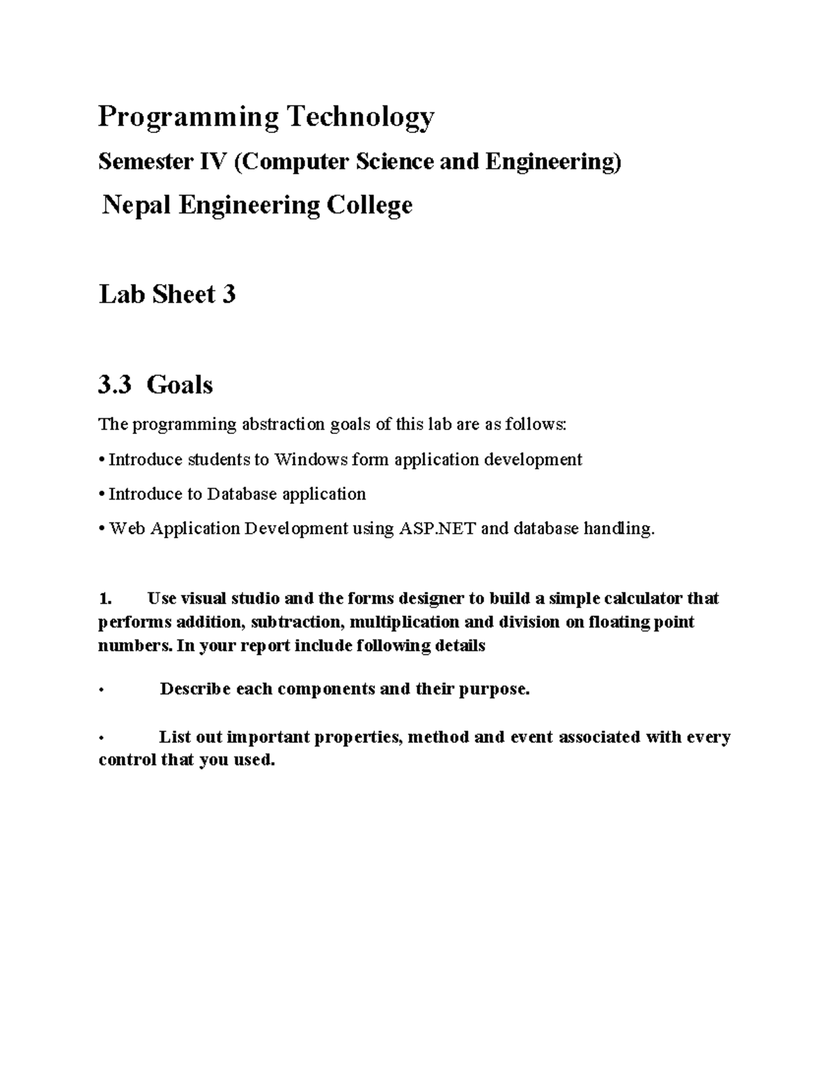 Programming Technology C# Semester IV BE Computer Lab Sheet 3 - Programming Technology Semester ...