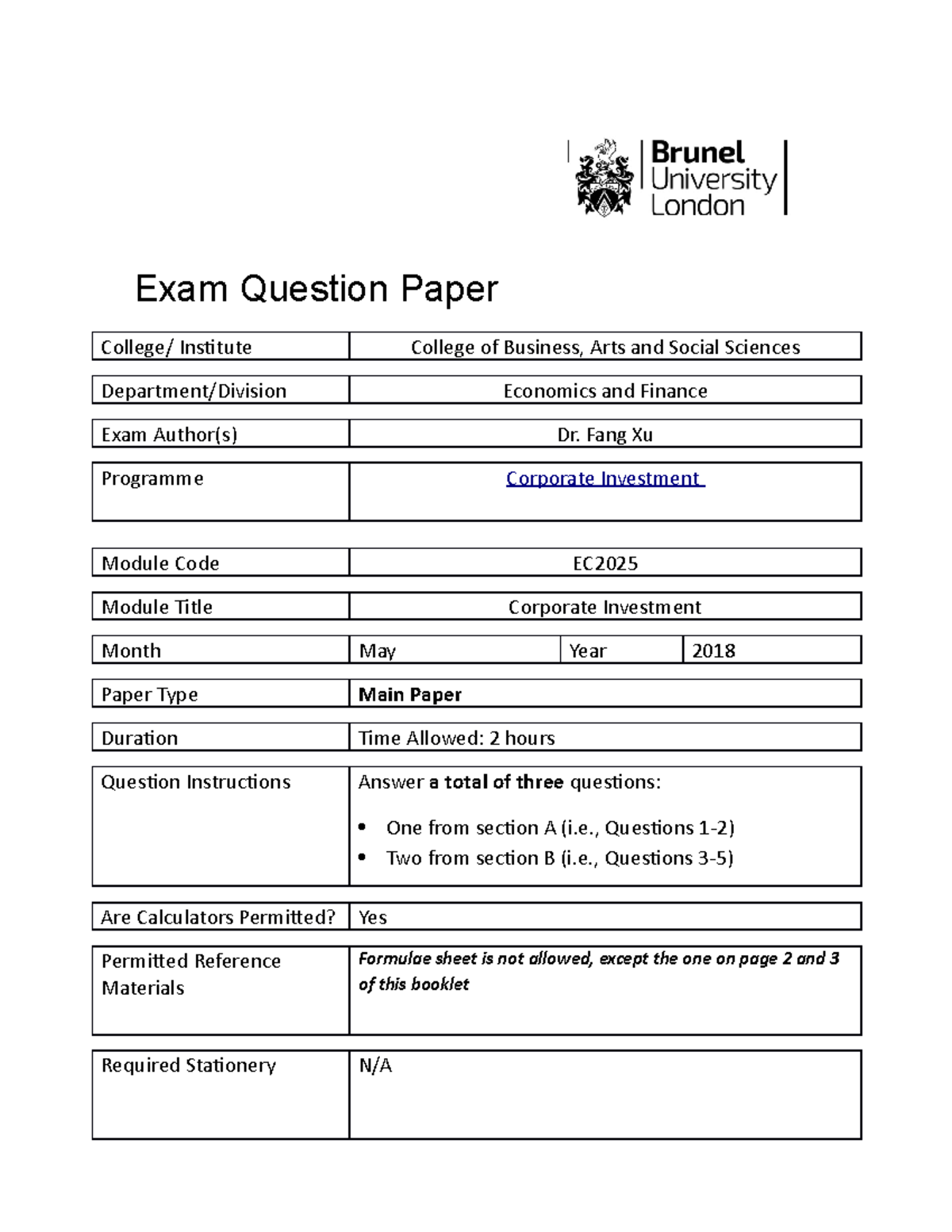 EC2025 May 2018 - final may exam paper - Exam Question Paper College ...