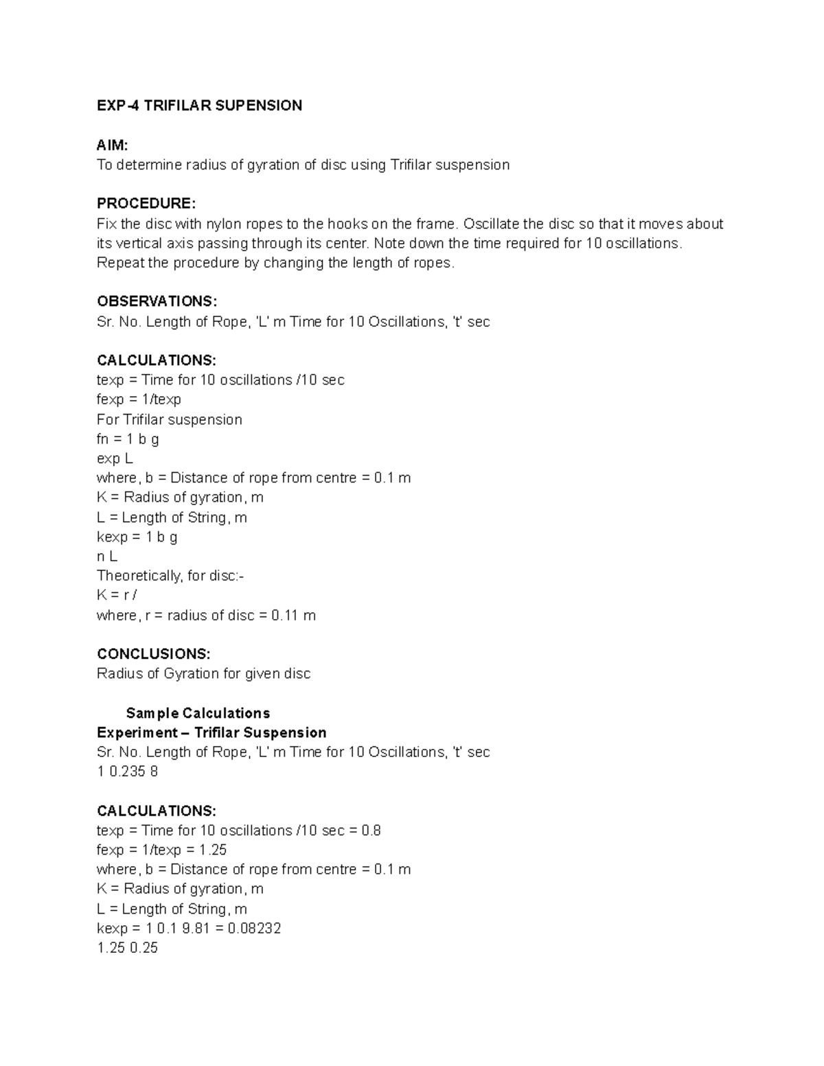 EXP-4 Trifilar Supension - EXP-4 TRIFILAR SUPENSION AIM: To determine ...