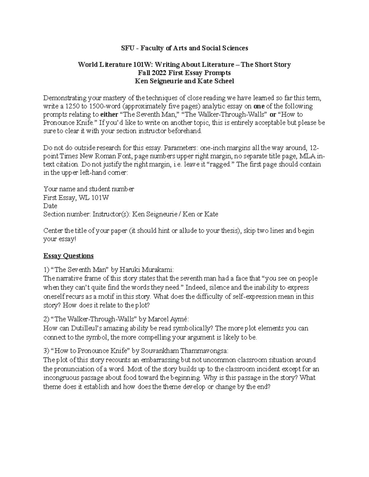 First Essay Prompts 1.0 - Fall 2022 - SFU - Faculty of Arts and Social ...