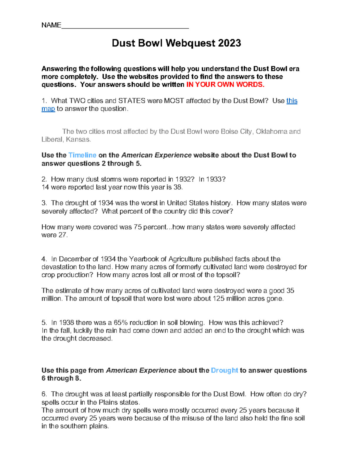 Webquest - Dust Bowl- 2023 PDF - NAME ...