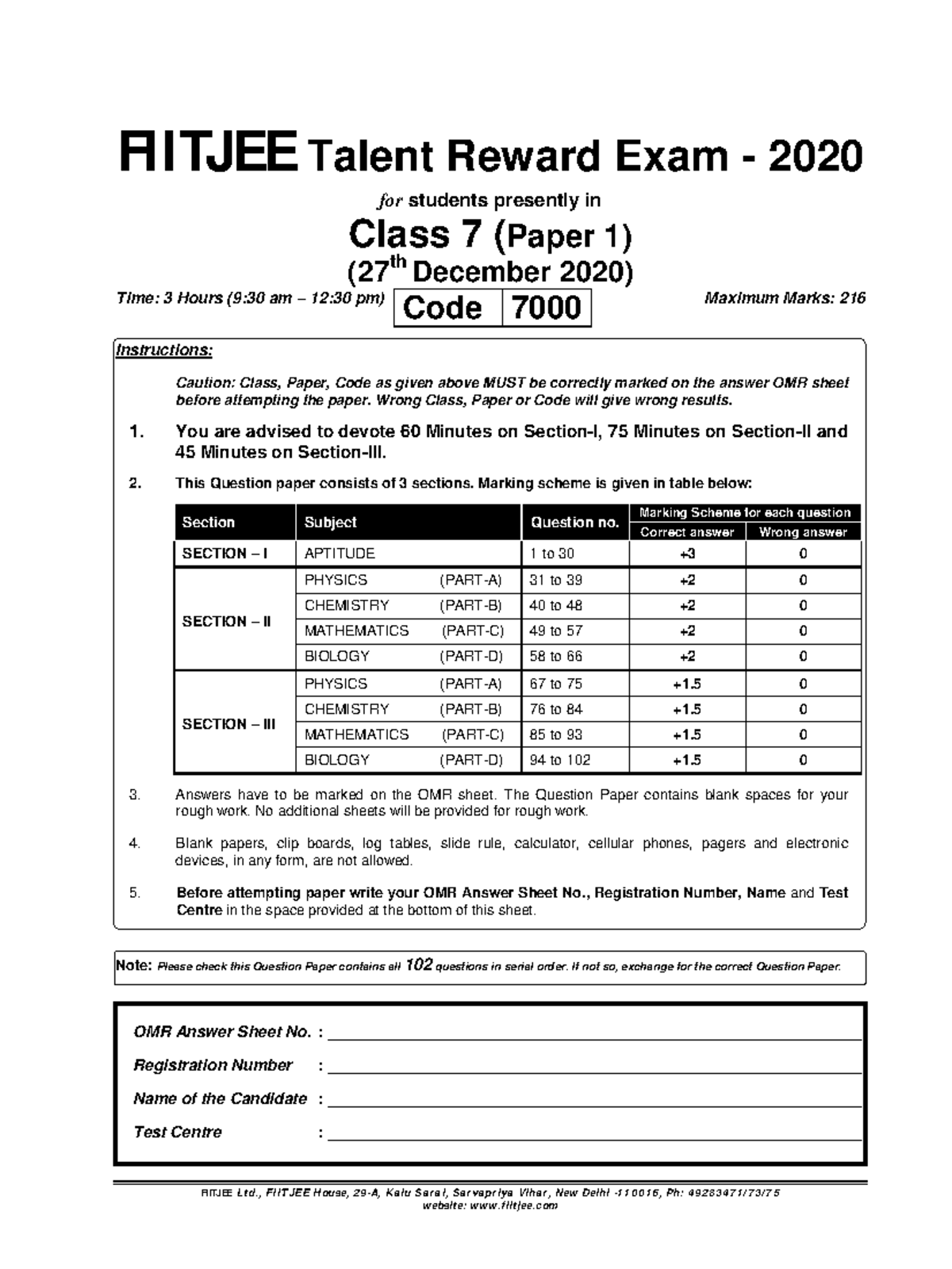 8001 7 FTRE - Practice Set - FIITJEE Lt d., FI I T JEE H ouse, 2 9 -A ...