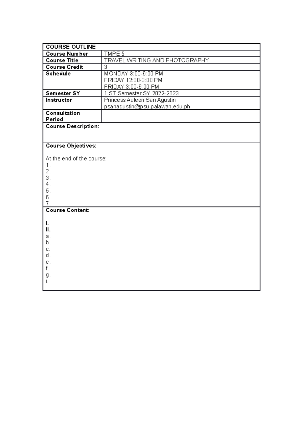 Course Outline TWP - COURSE OUTLINE Course Number TMPE 5 Course Title ...