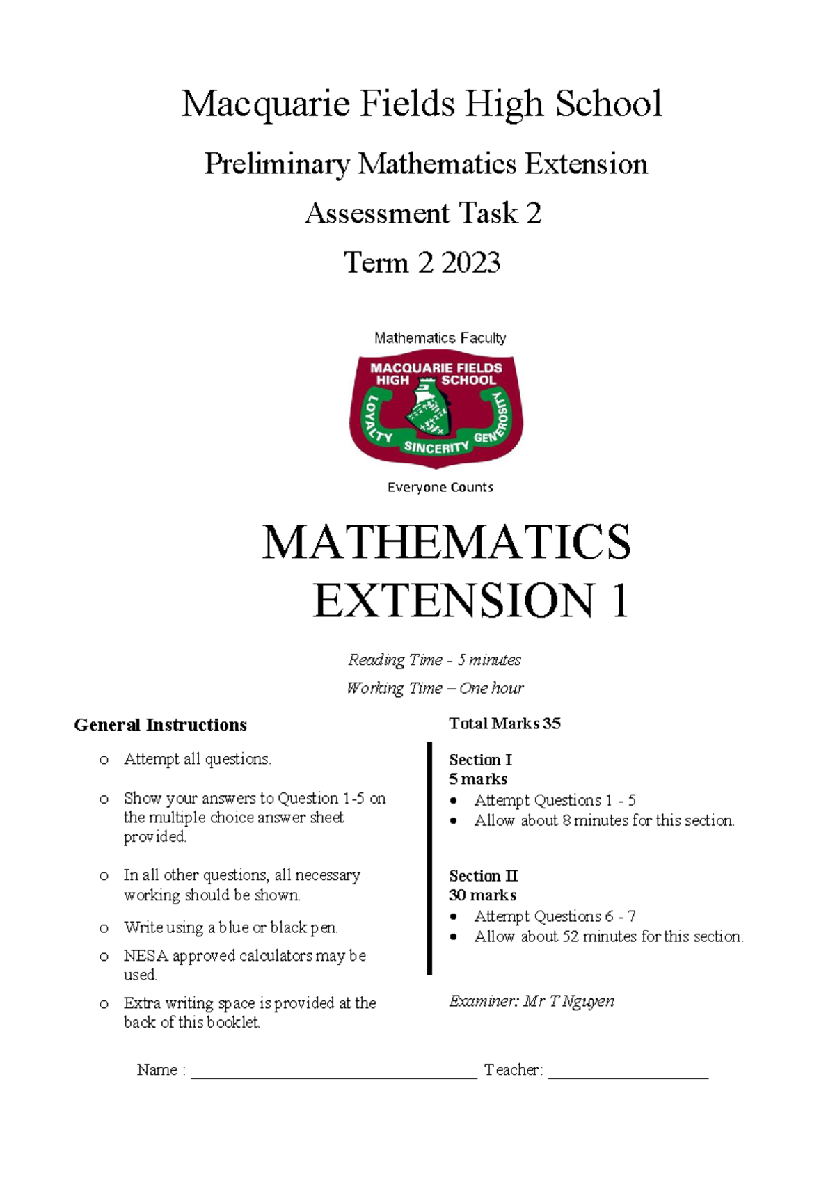 Maths Past Papers - Macquarie Fields High School Preliminary ...