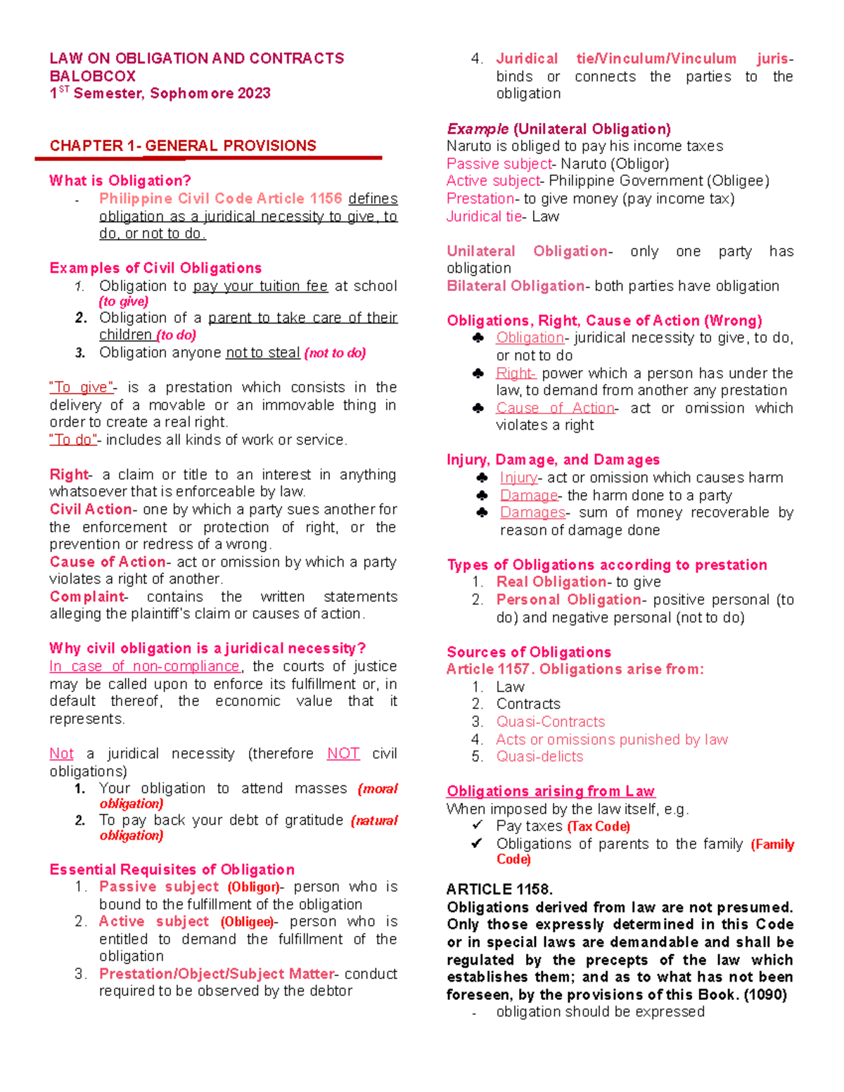 Obli Con Module Notes - Obligations - LAW ON OBLIGATION AND CONTRACTS ...