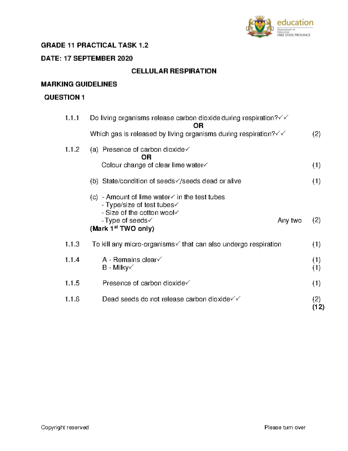 Grade 11 Marking Guidelines PRAC 1 - Copyright reserved Please turn over GRADE 11 PRACTICAL TASK ...
