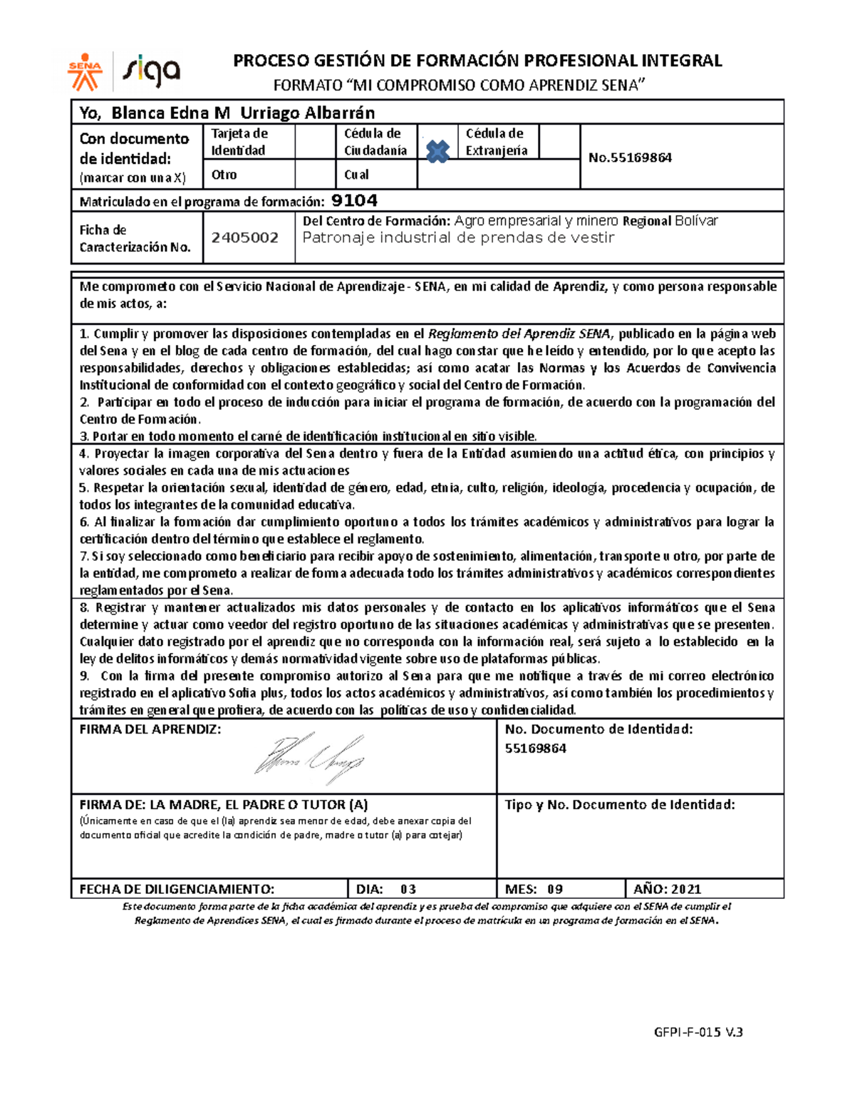 GFPI-F-015 Formato Compromiso del Aprendiz V2 - PROCESO GESTIÓN DE FORMACIÓN PROFESIONAL ...