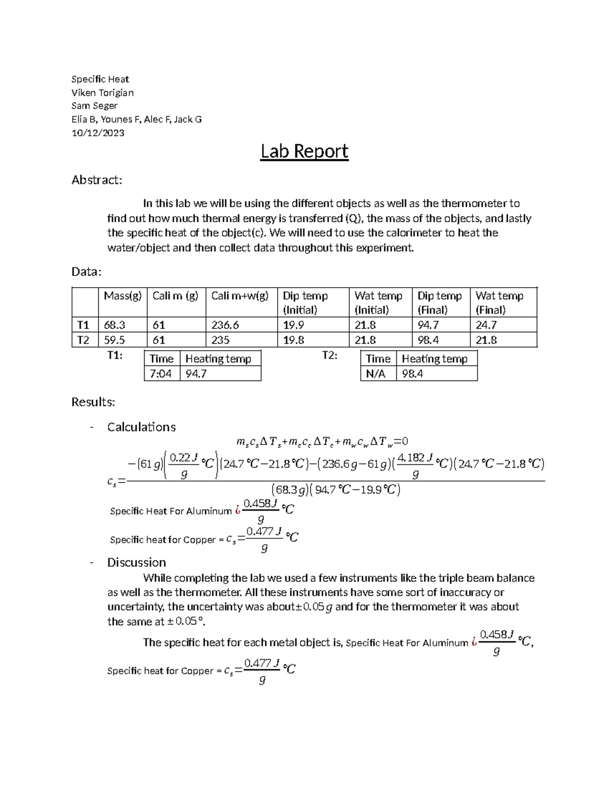 Specific Heat - Lab Report - Specific Heat Viken Torigian Sam Seger ...